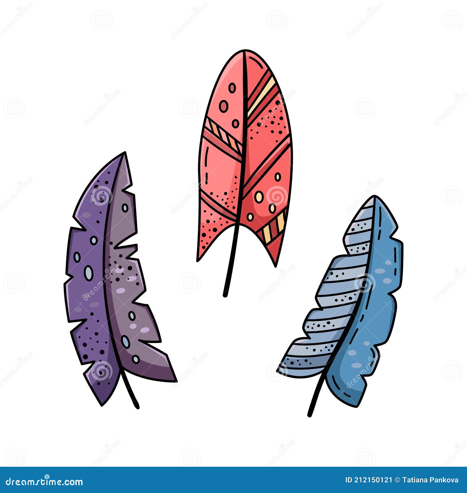 A Set of Doodle Illustrations of Bright Cartoon Feathers. a Set of ...