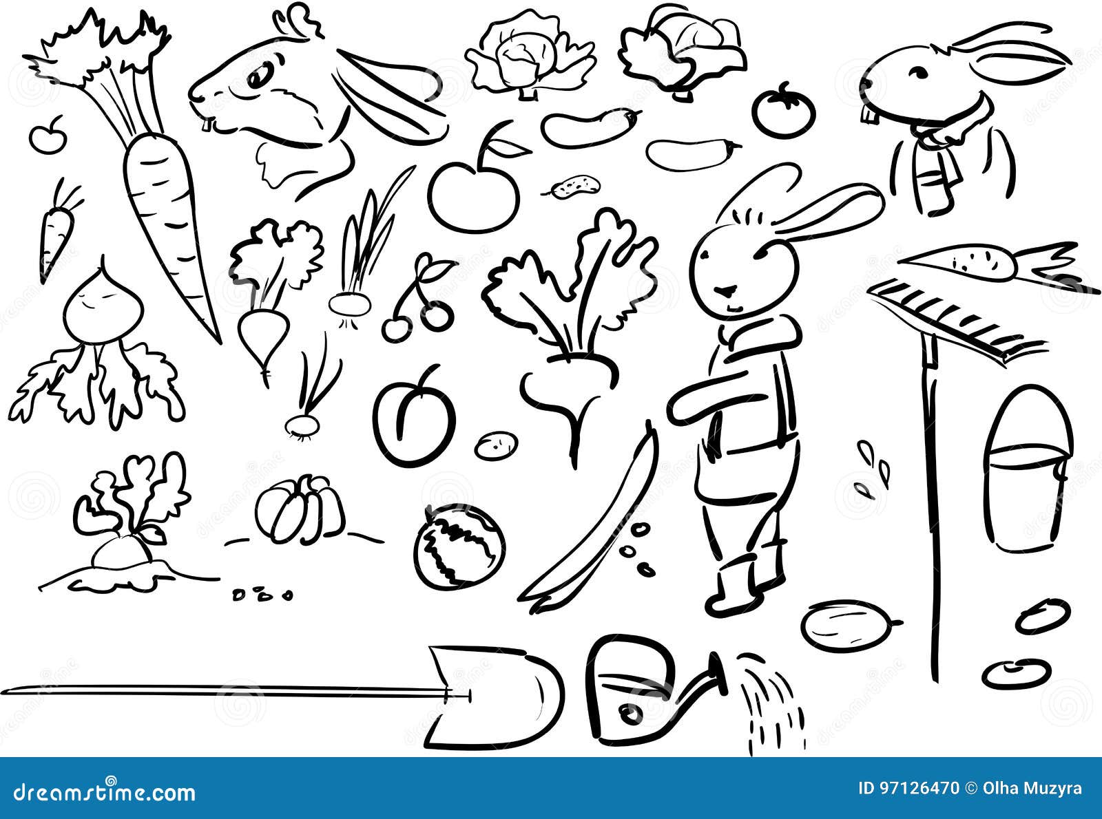 Set Doodle Rural - Vegetables and Fun Rabbits Stock Vector ...