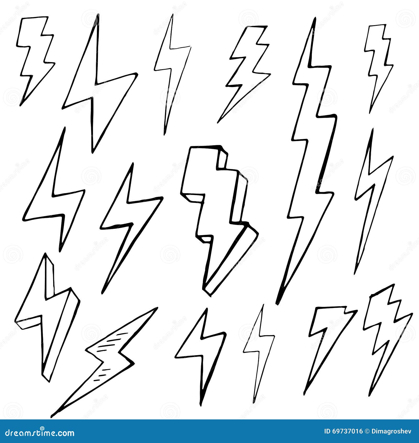 Set of Doodle Simple Lightning, Group of Hand Drawn Objects Stock ...