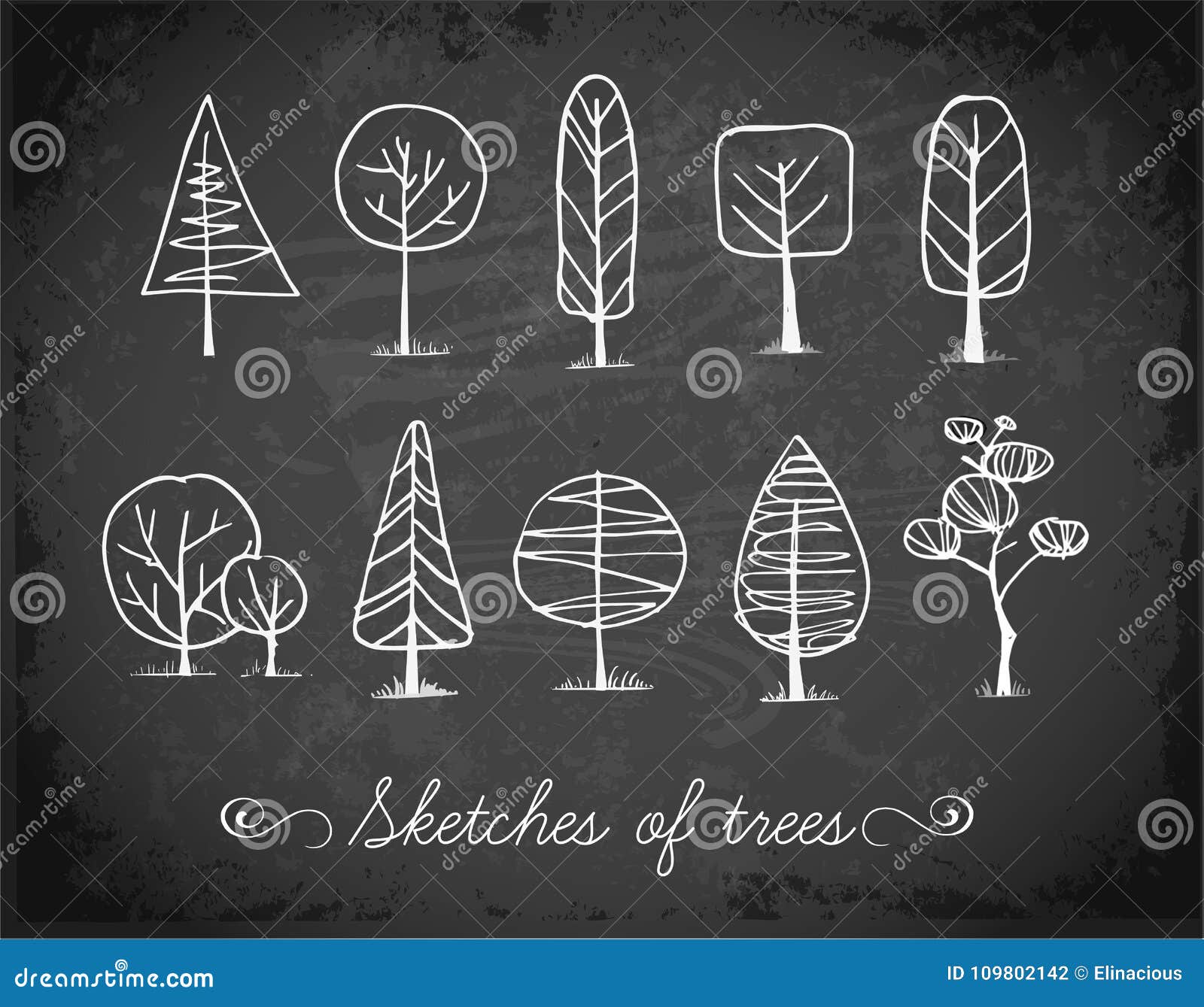 Set of Doodle Sketch Trees on Blackboard Background Stock Vector ...