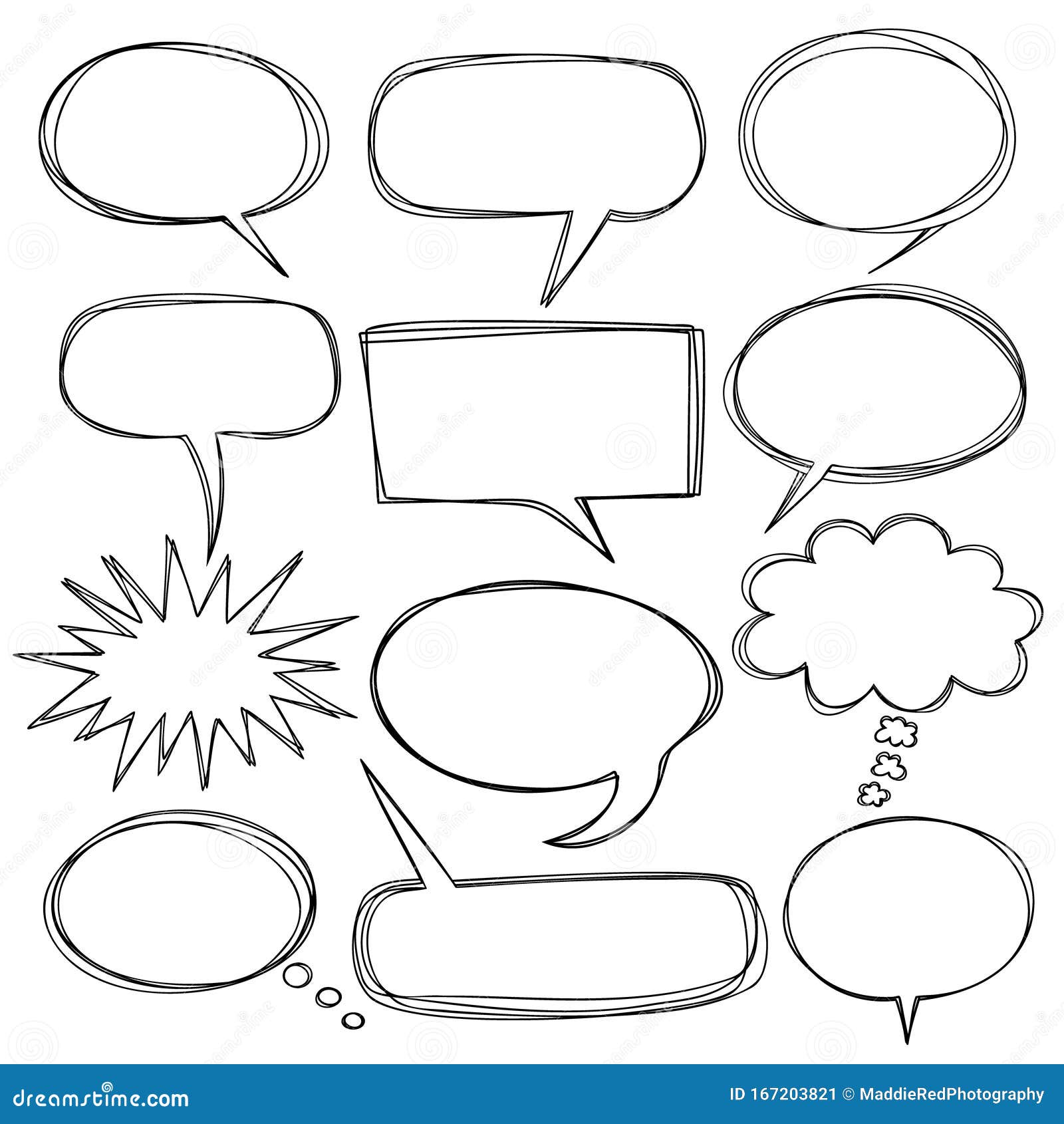 Set Of 12 Doodle Speech Bubble Shapes Isolated On A White Background