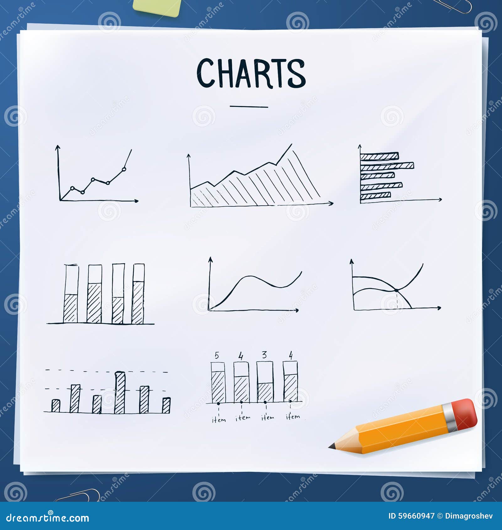 Set of Doodles Charts with Yellow Pencil Stock Illustration ...