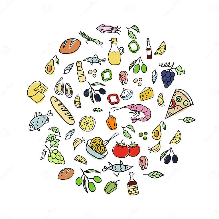 Set Of Doodles Hand Drawn Rough Simple Italian Cuisine Food Sketches