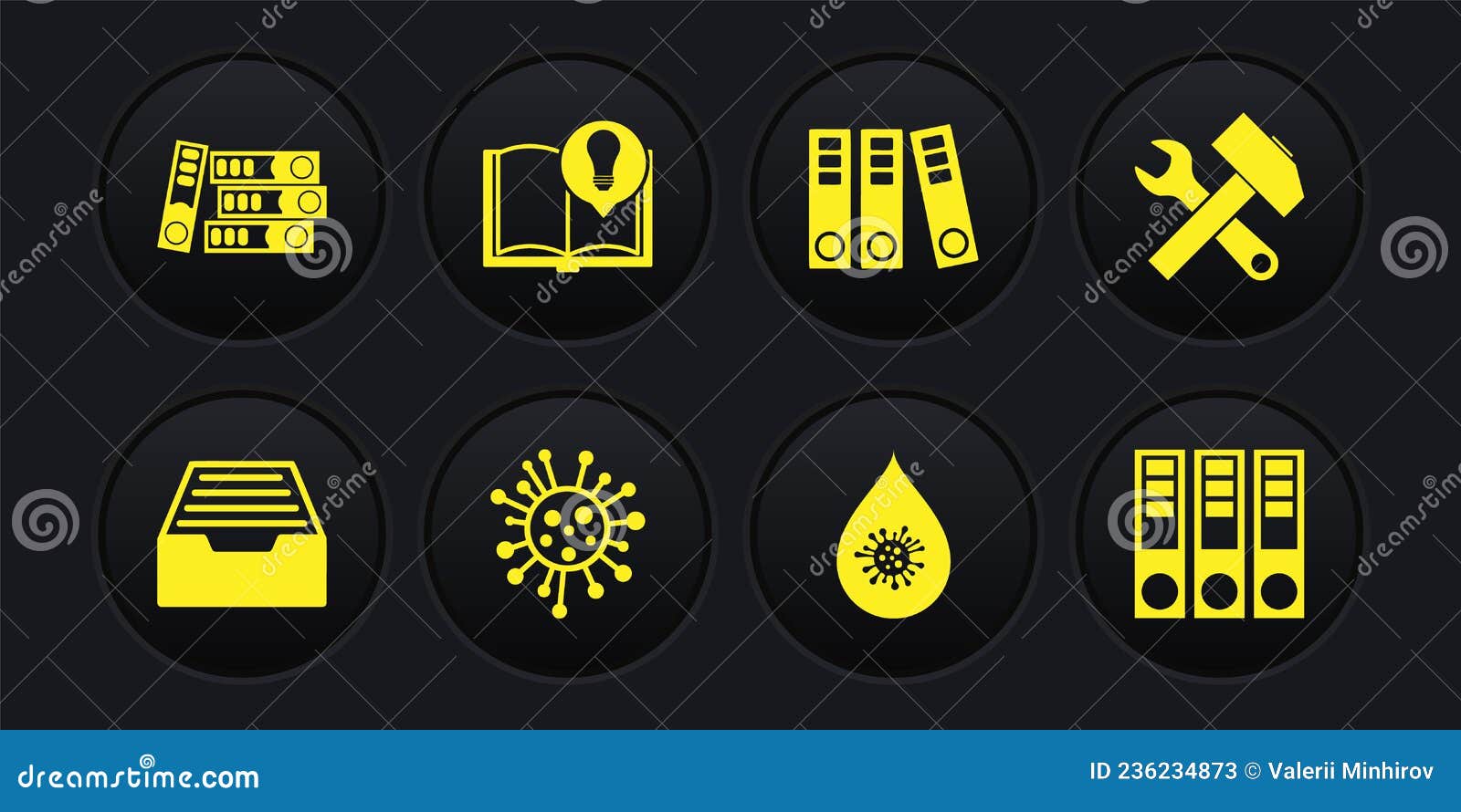 Set Drawer with Documents, Crossed Hammer and Wrench, Bacteria, Dirty ... Set Drawer with Documents, Crossed Hammer and Wrench, Bacteria, Dirty ...