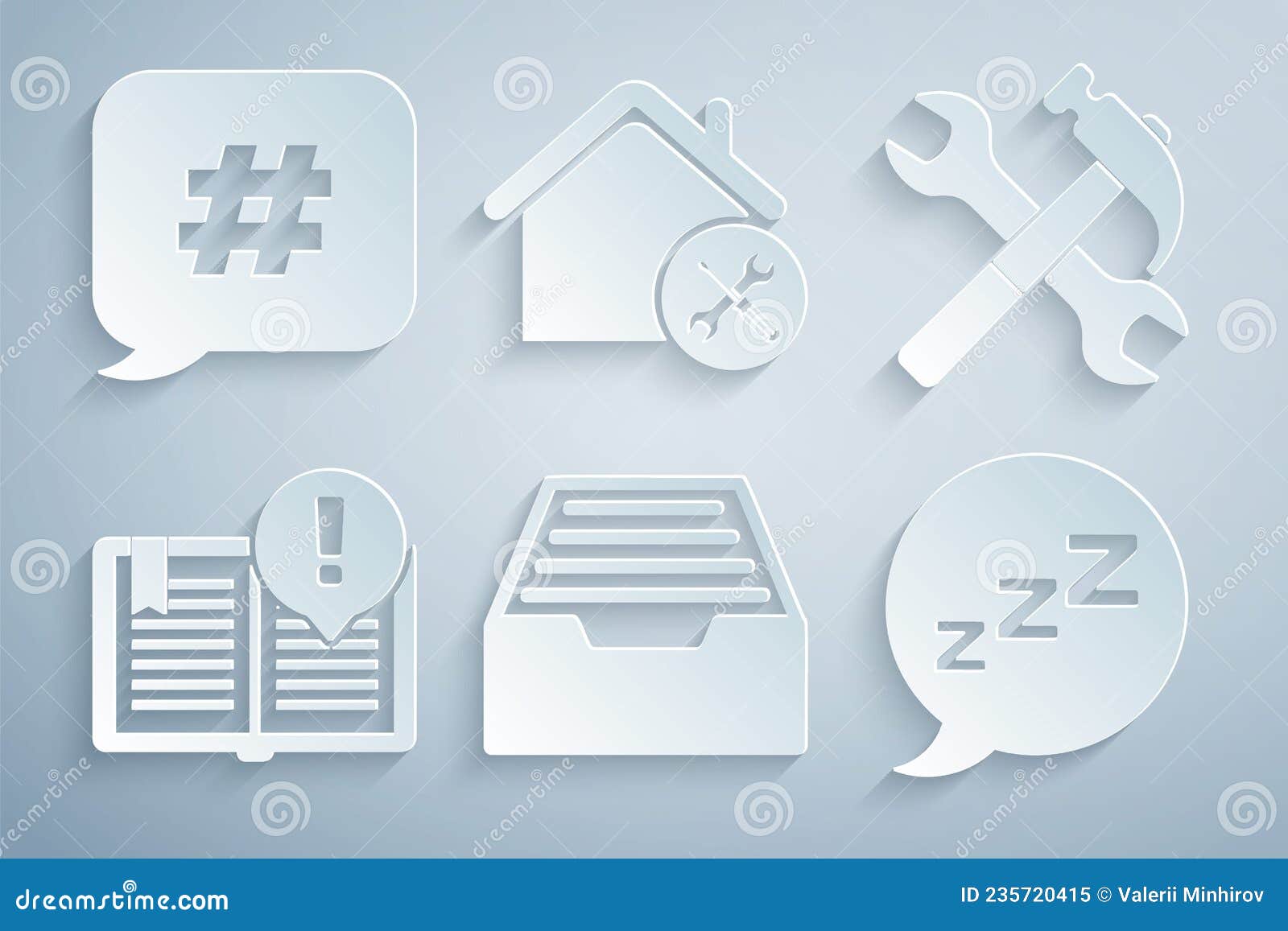 Set Drawer with Documents, Crossed Hammer and Wrench, Interesting Facts ... Set Drawer with Documents, Crossed Hammer and Wrench, Interesting Facts ...