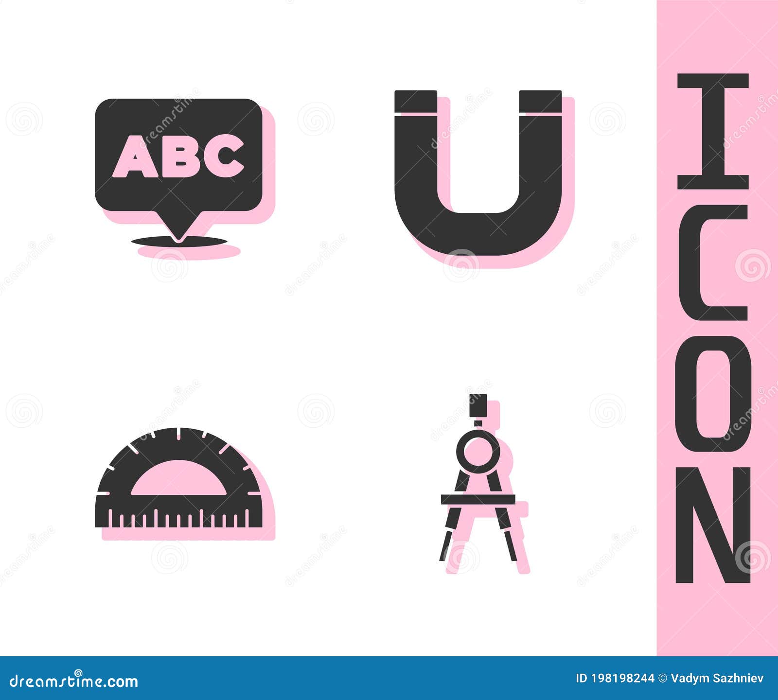 Set Drawing Compass, Alphabet, Protractor and Magnet Icon. Vector Stock ...