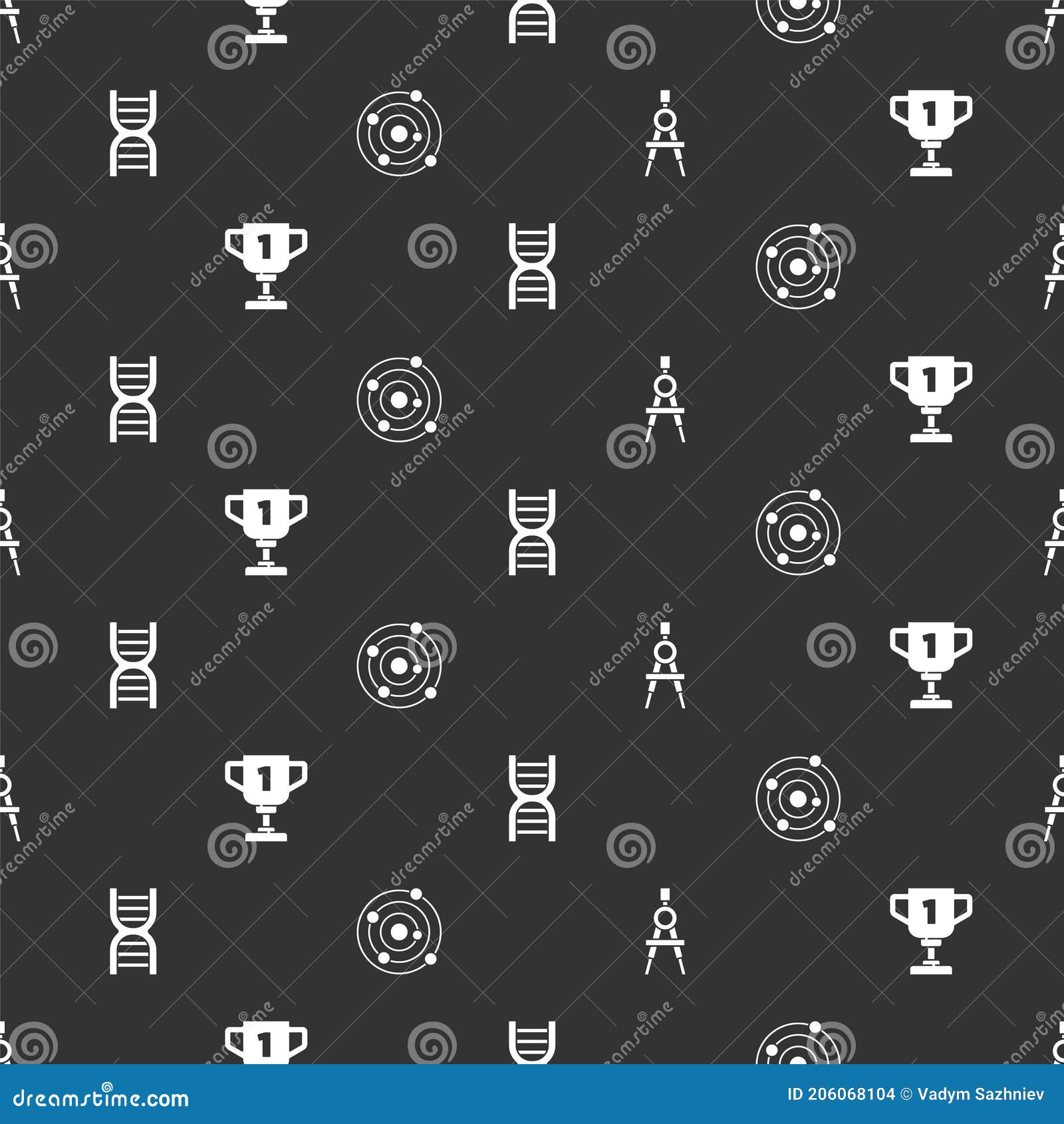 Set Drawing Compass, Award Cup, DNA Symbol and Solar System on Seamless ...