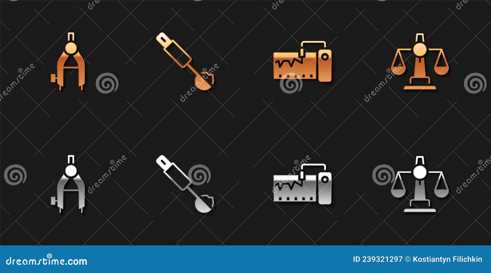 Set Drawing Compass, Measuring Spoon, Instrument and Scales of Justice ...