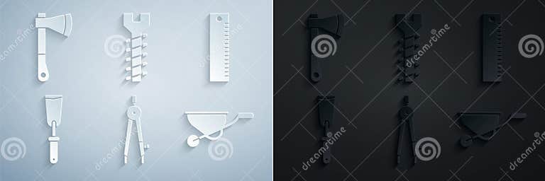 Set Drawing Compass, Ruler, Putty Knife, Wheelbarrow, Metallic and ... Set Drawing Compass, Ruler, Putty Knife, Wheelbarrow, Metallic and ...