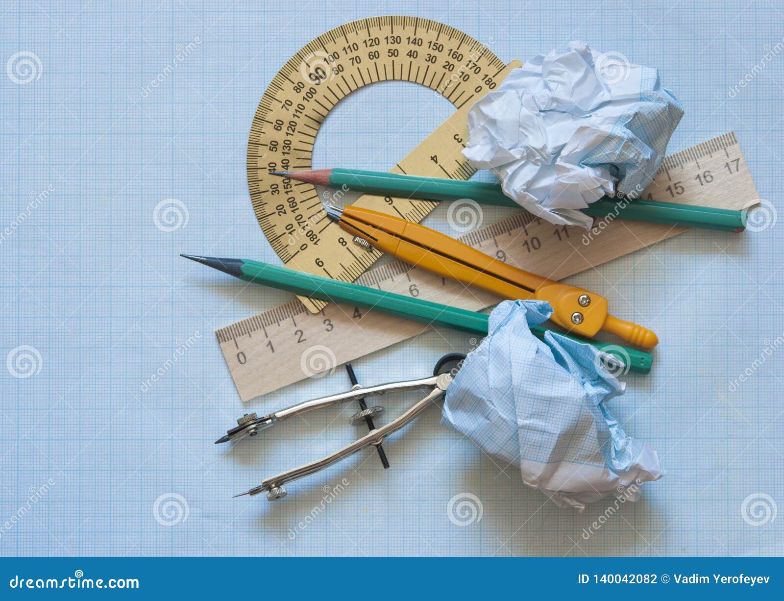 Set of Drawing Instrument and Rulers on Graph Paper Stock Photo - Image ...
