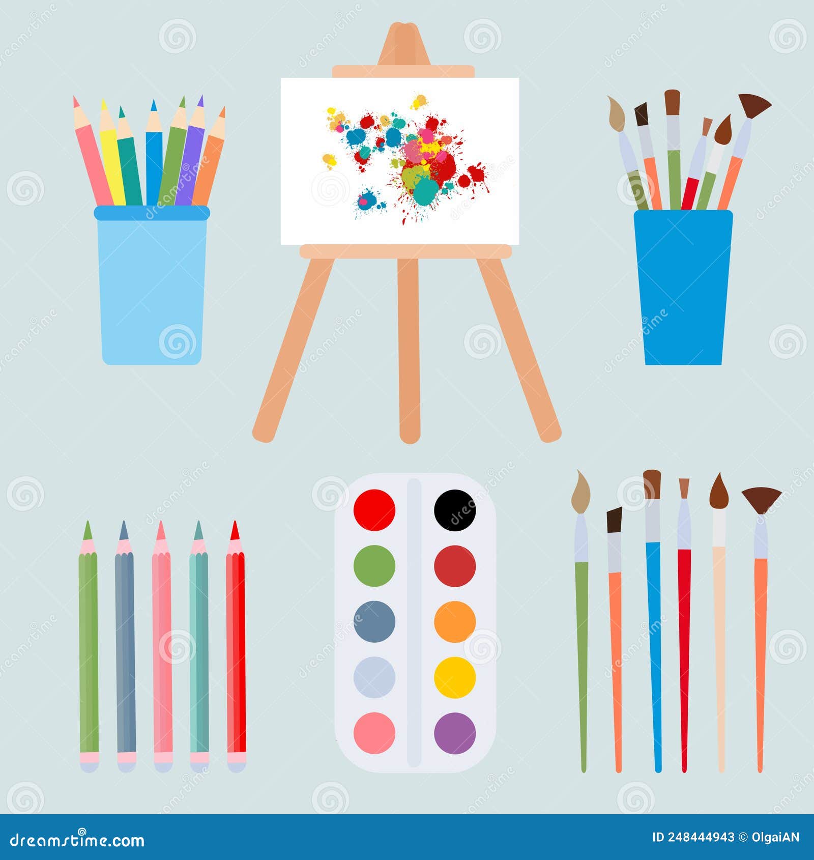 Set for Drawing Multi-colored Paints, Pencil Brushes and Easel. Vector ...