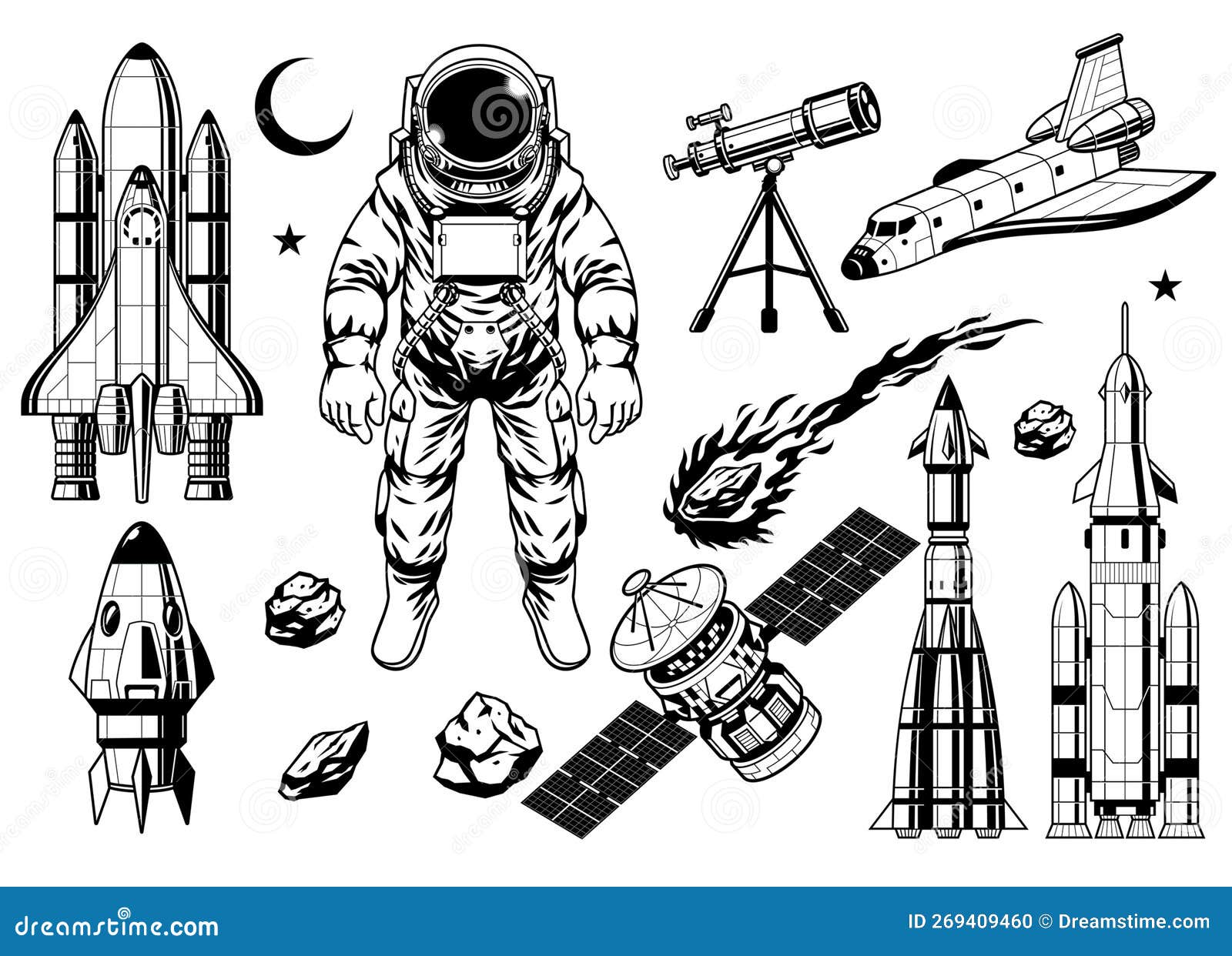Space Technology Line Icons Collection. Rocket, Satellite, Orbit, Explorer, Telescope ...