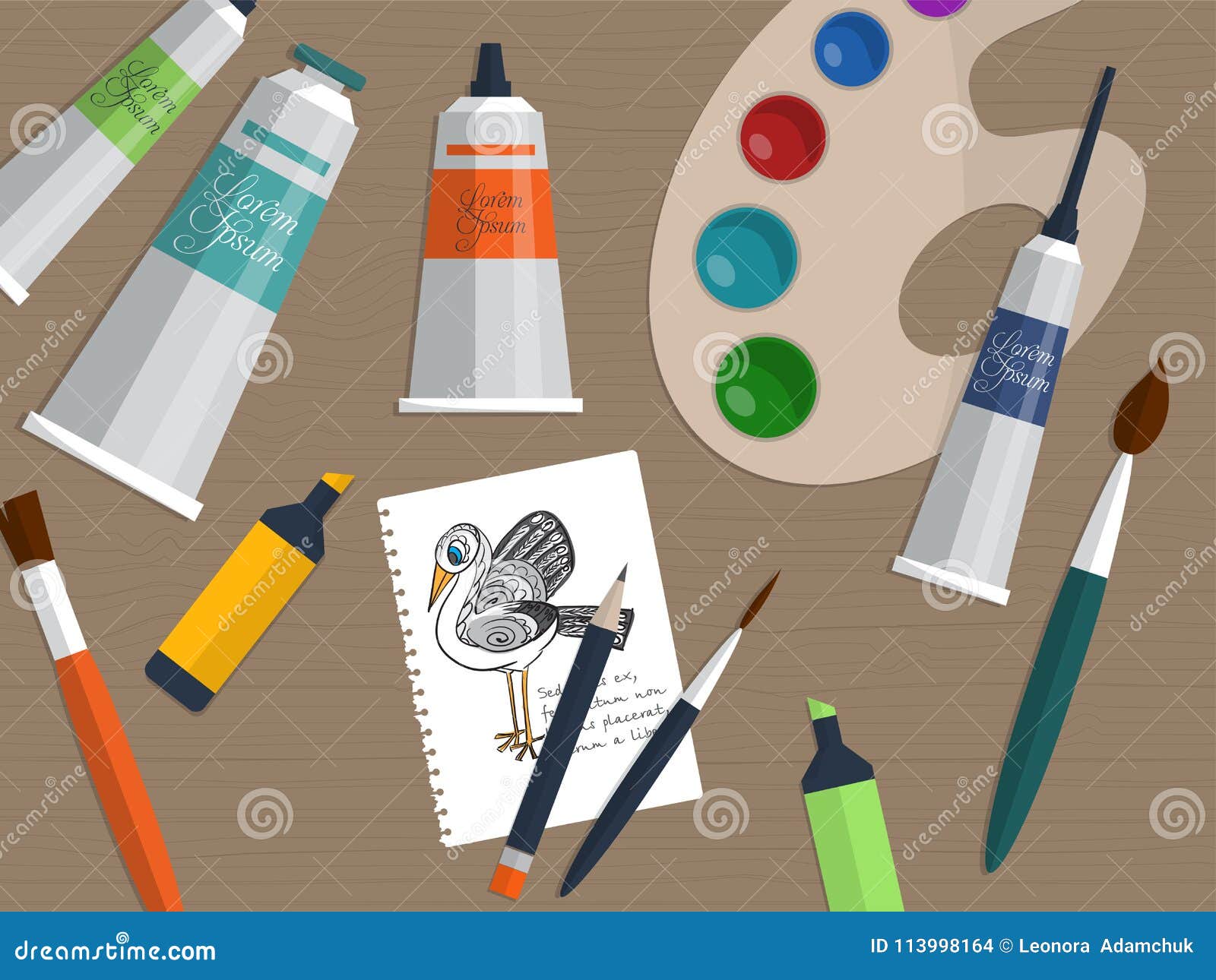 Set of Drawing and Painting Tools on the Table. Stock Illustration ...