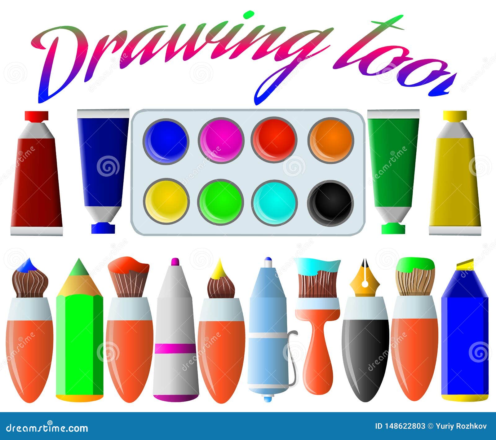 A Set of Drawing Tools. Brushes, Pencil, Pen, Marker, Paint on a White ...