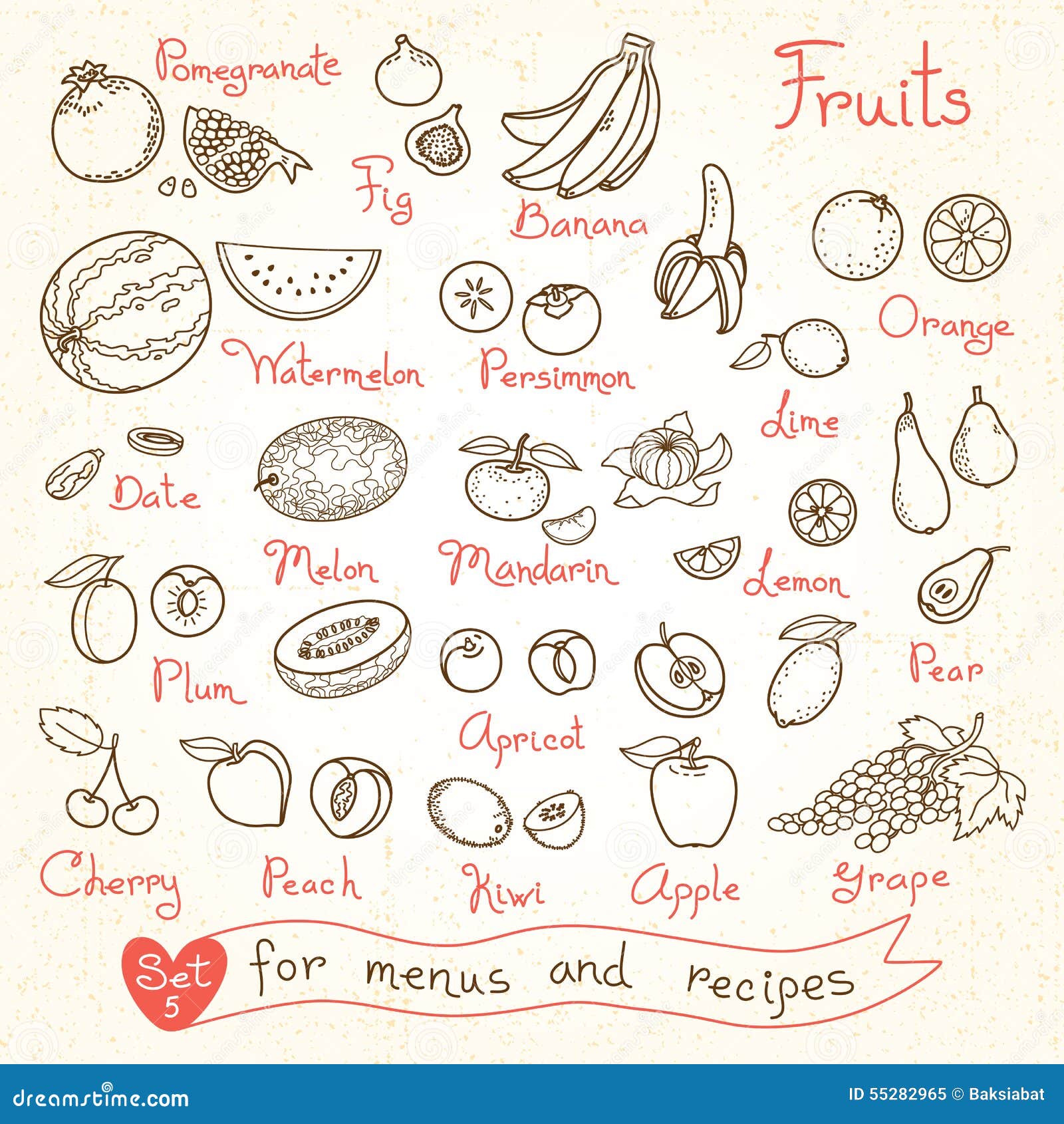 Set Drawings of Fruit for Design Menus, Recipes Stock Vector ...
