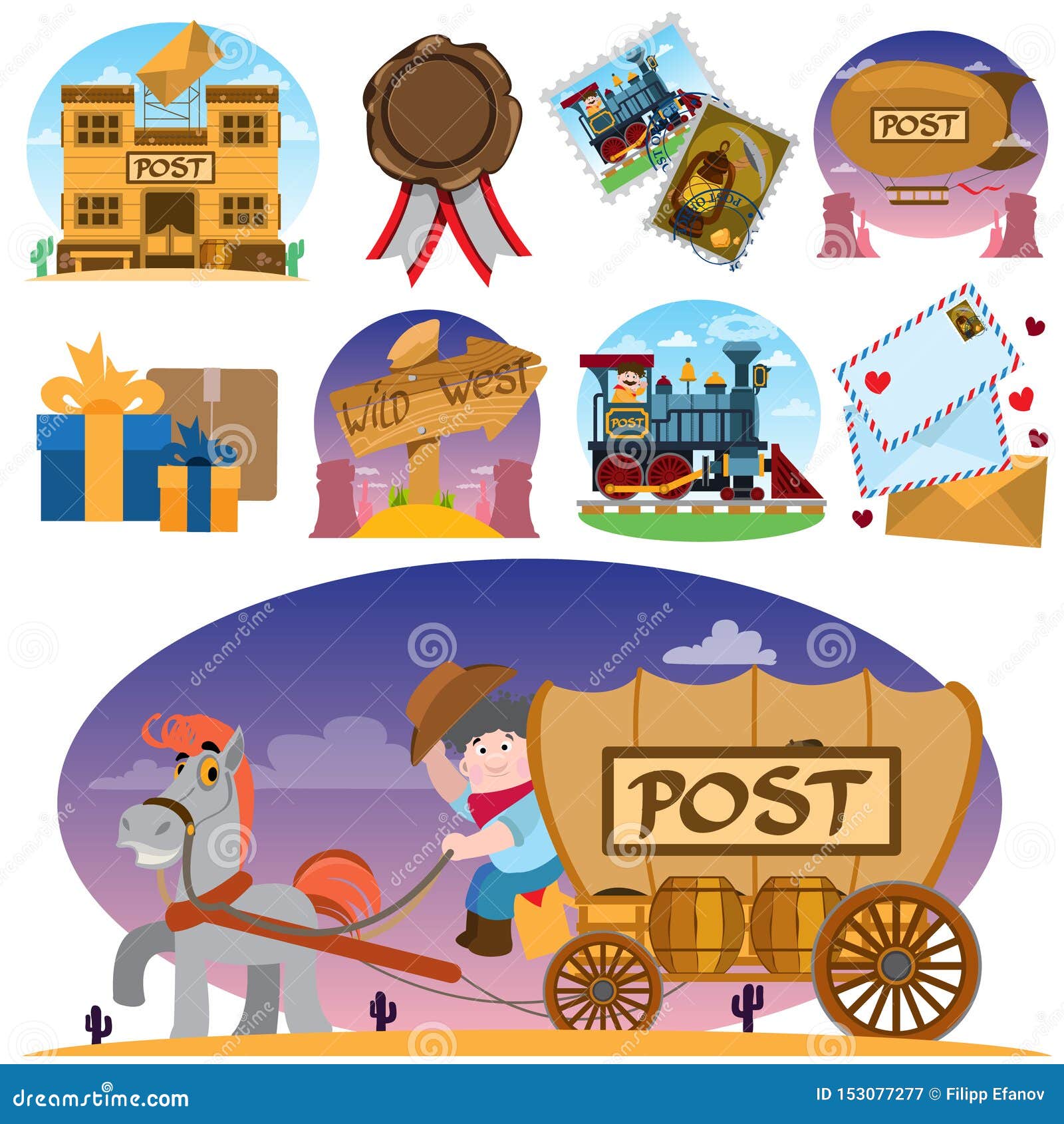 Set of Drawings on the Theme of Old Mail. Express Delivery of Letters ...