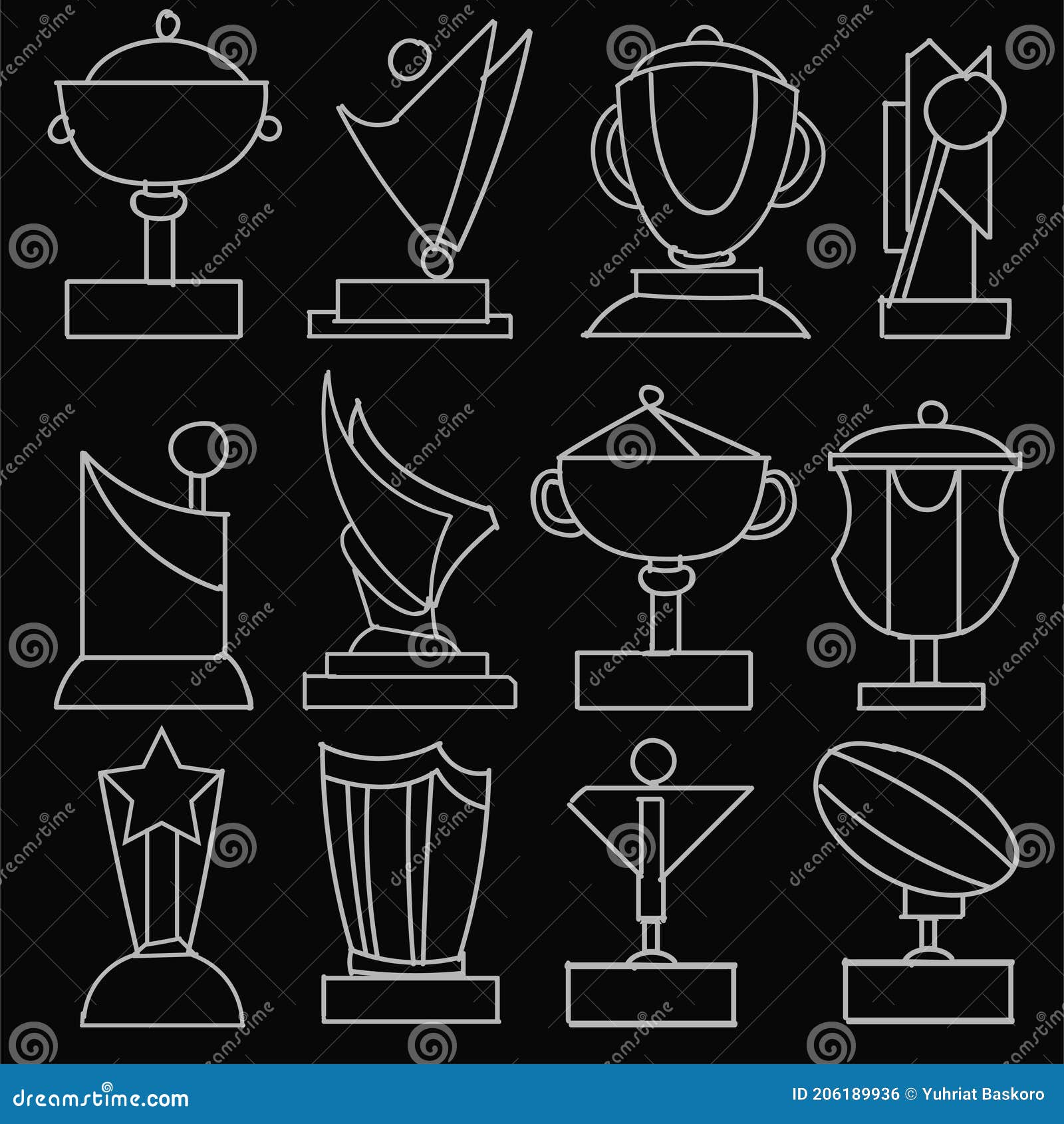 Set of Drawings Winner Trophy Theme Doodle Collection in White Isolated ...
