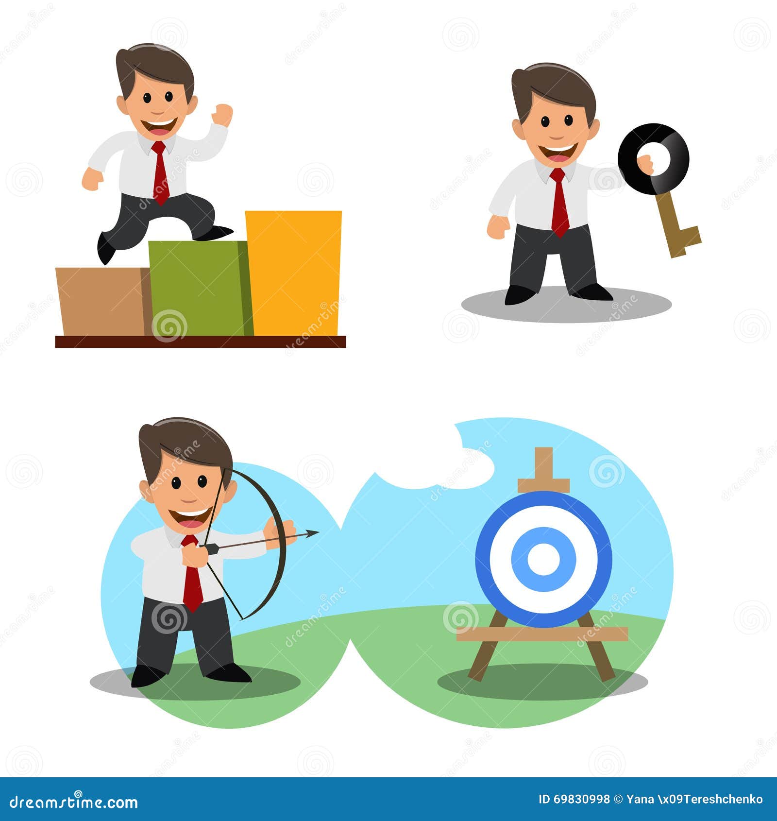 A Set of Drawings of a Young Businessman. Achieving the Goal. Success ...