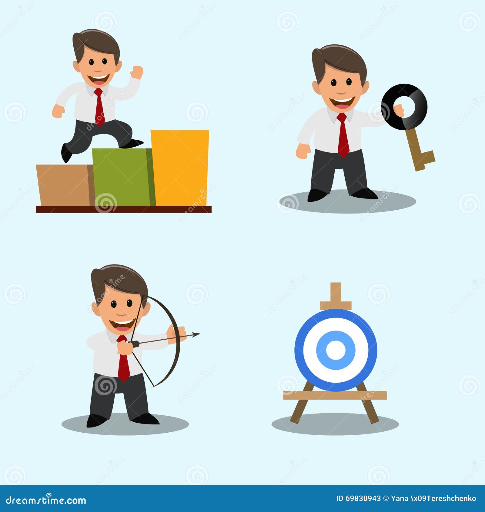 A Set of Drawings of a Young Businessman. Success. Achieving the Goal ...