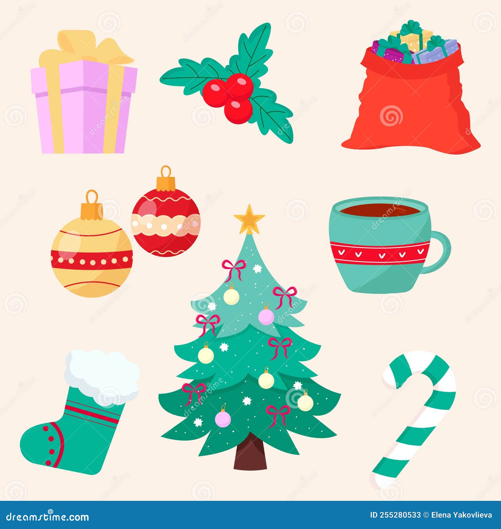 Set of Drawn Christmas Holiday Elements Vector Illustration Stock ...