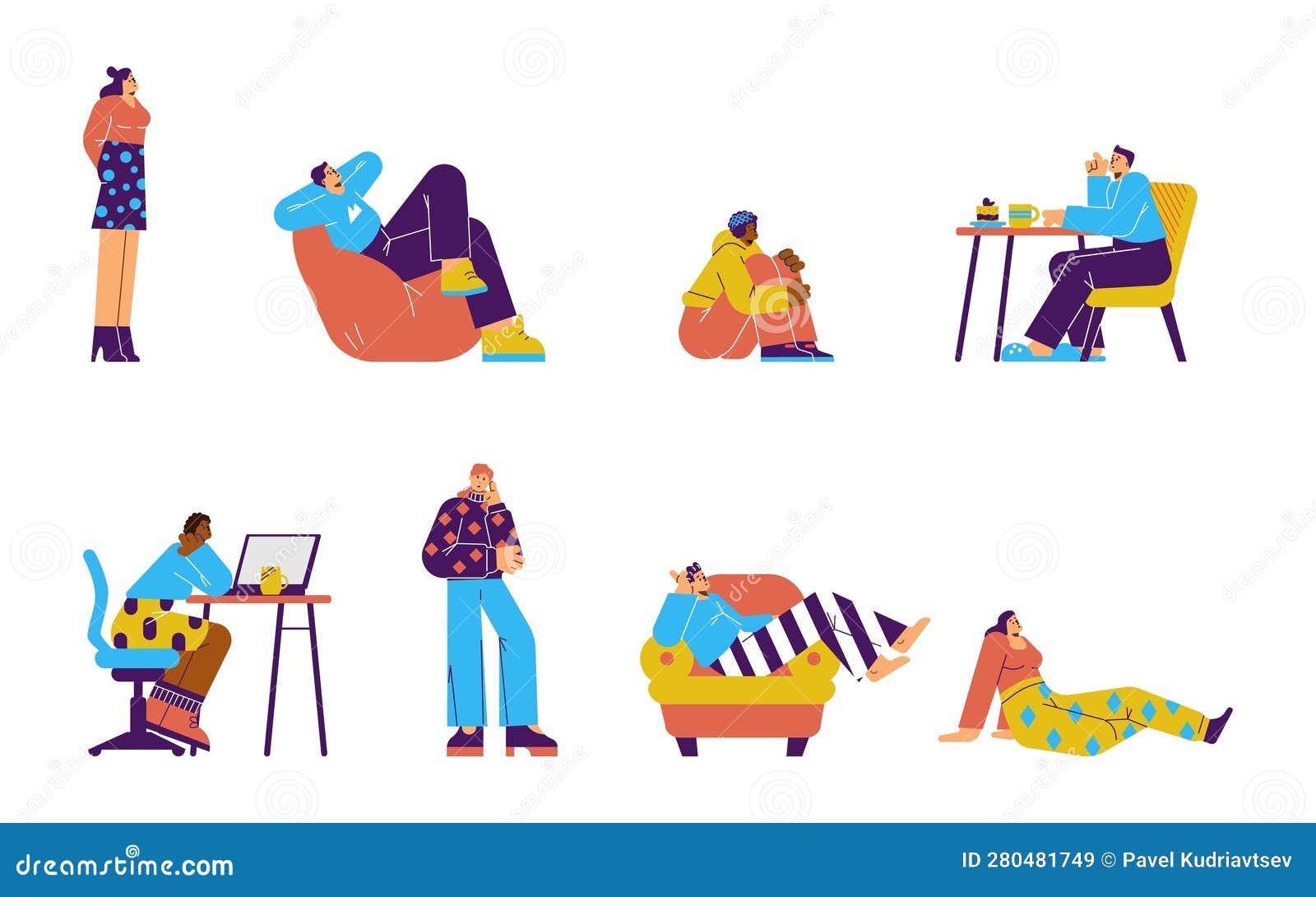 Set of Dreaming People in Different Poses Flat Style Stock Vector ...