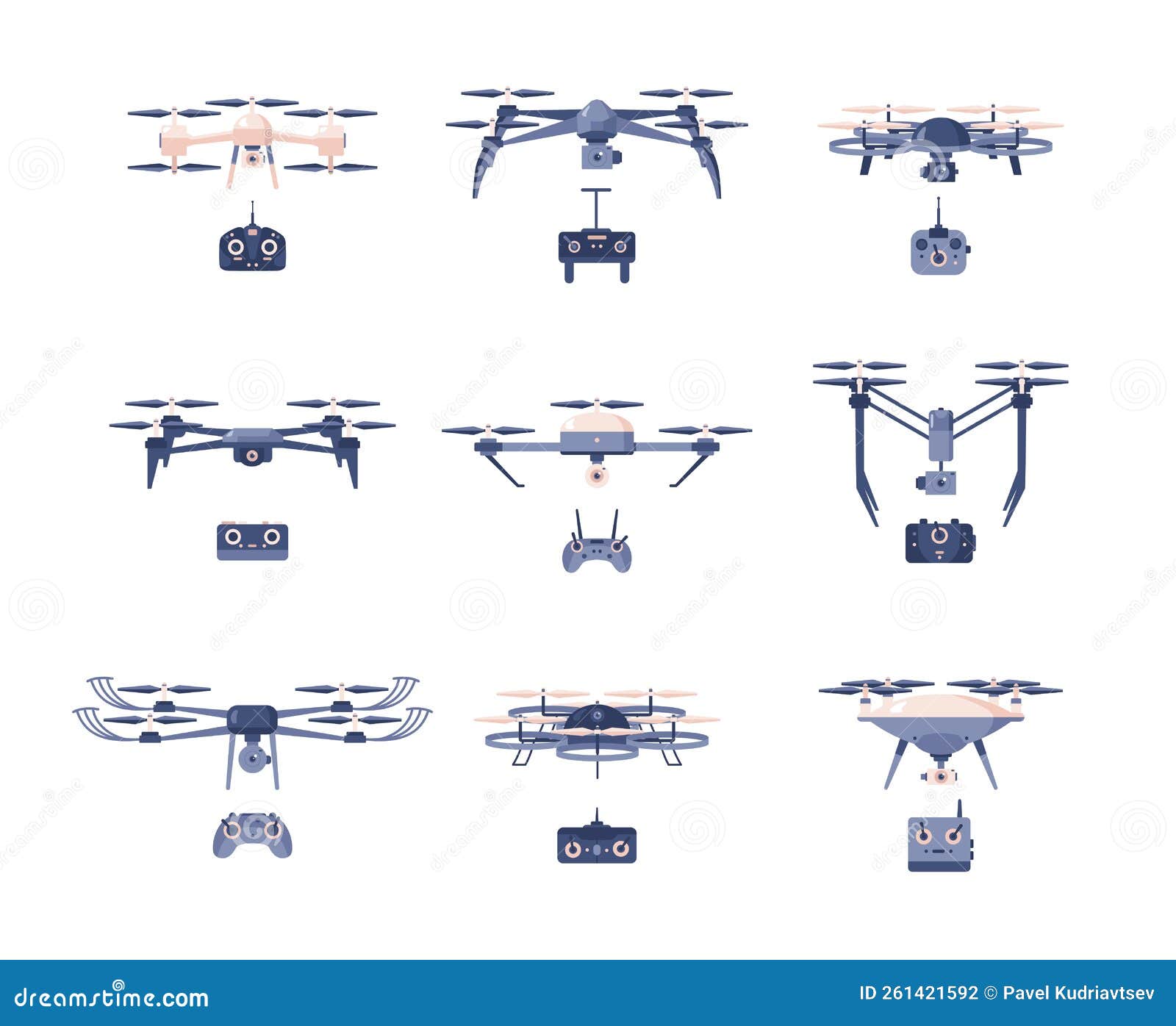 Set of Drones with Remote Controls Flat Style, Vector Illustration ...