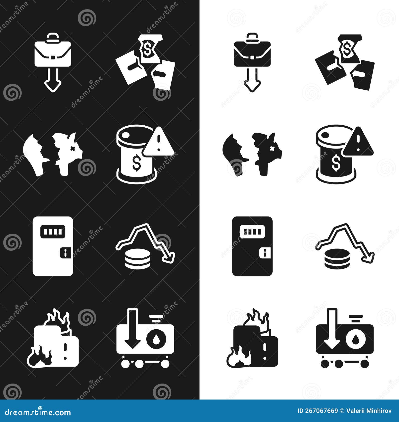 Set Drop in Crude Oil Price, Broken Piggy Bank, Briefcase, Tearing Money Banknote, Prison Cell ...
