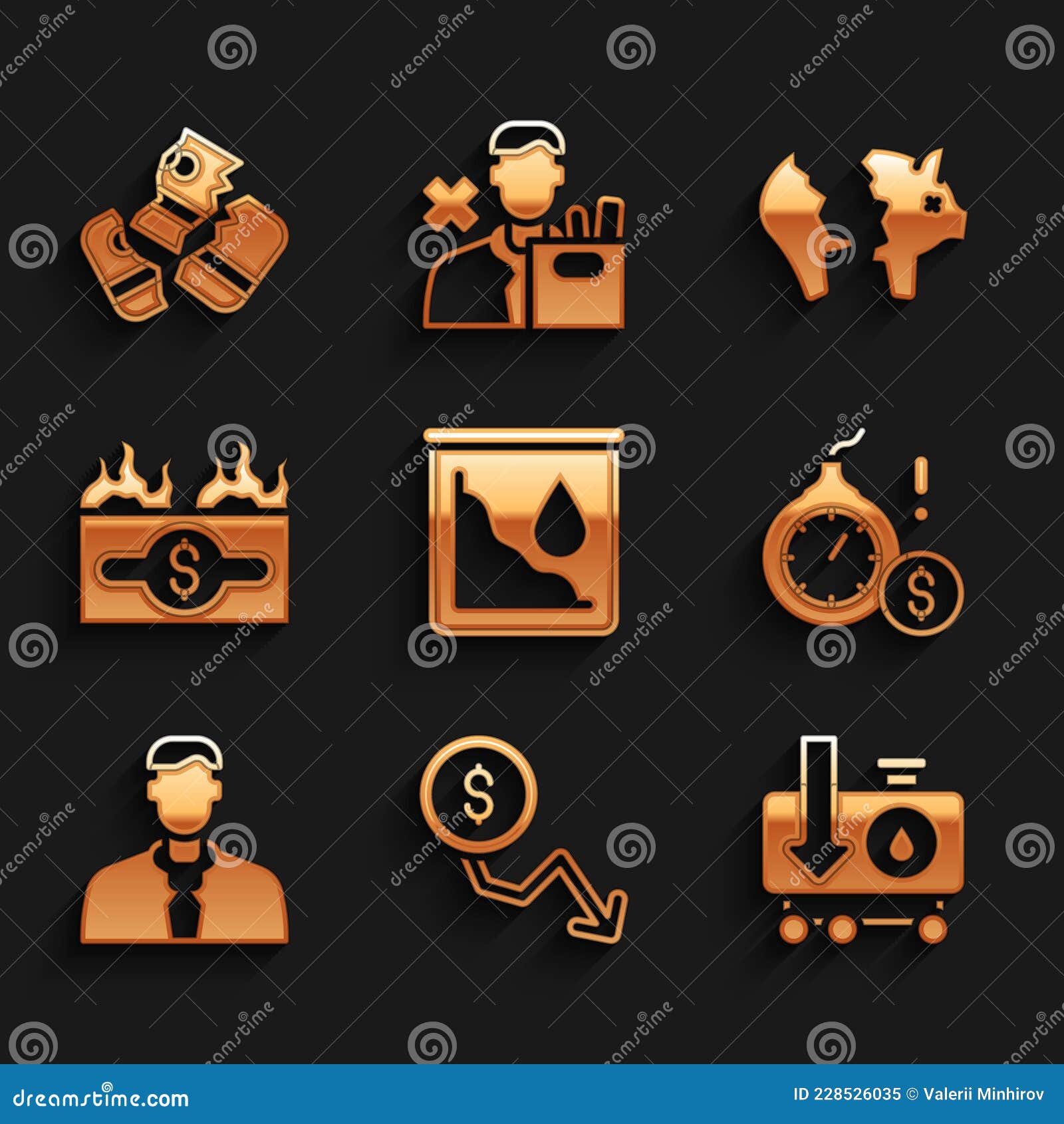 Set Drop in Crude Oil Price, Dollar Rate Decrease, Money Bomb Dollar Crisis, Worker, Burning ...