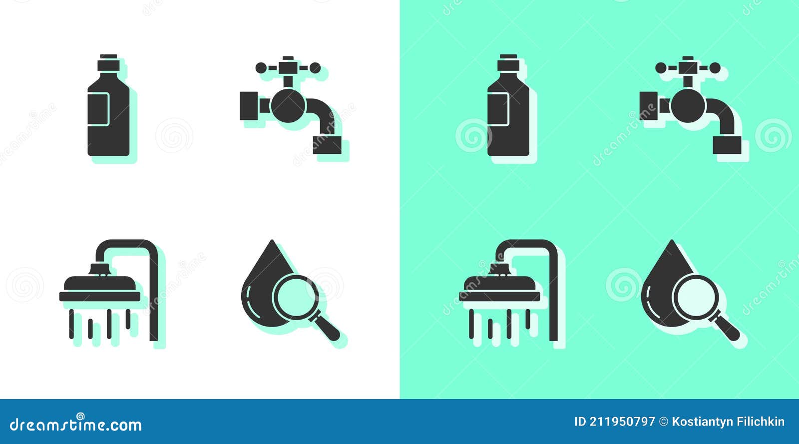 Set Drop and Magnifying Glass, Bottle of Water, Shower Head and Water ...