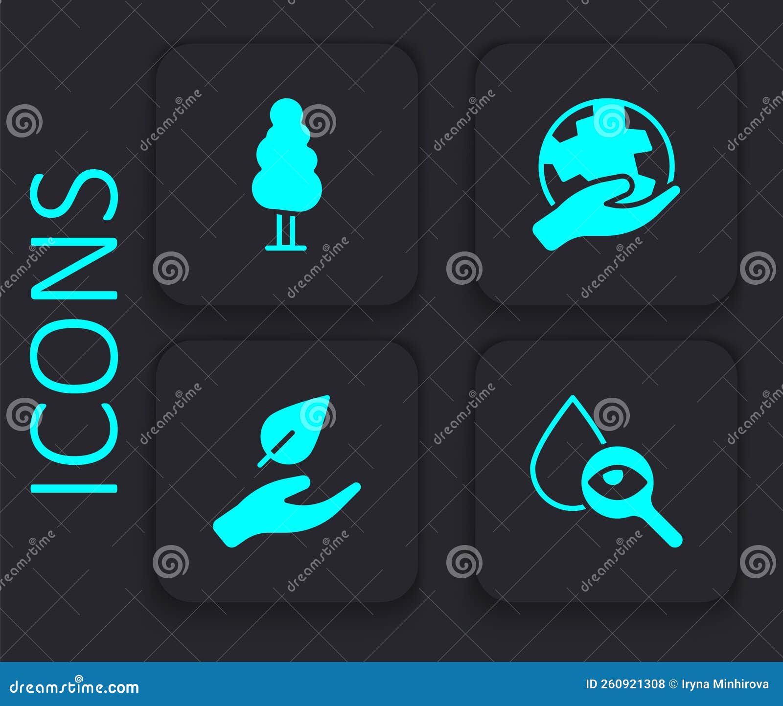 Set Drop and Magnifying Glass, Tree, Hand Holding Earth Globe and Leaf ...