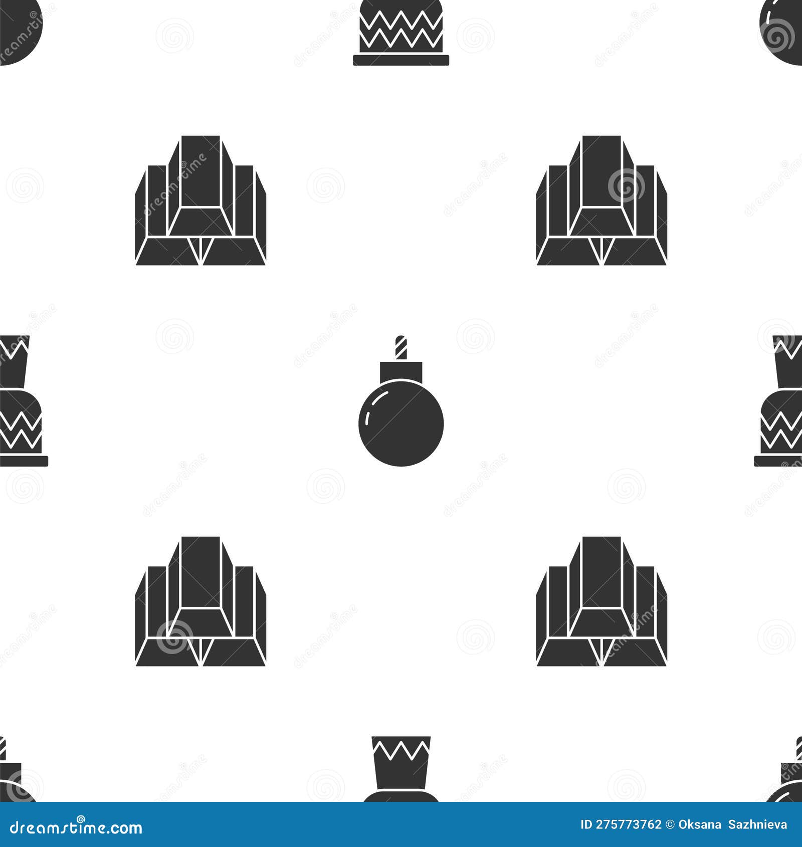 Set Drum, Bomb Ready To Explode and Gold Bars on Seamless Pattern ...