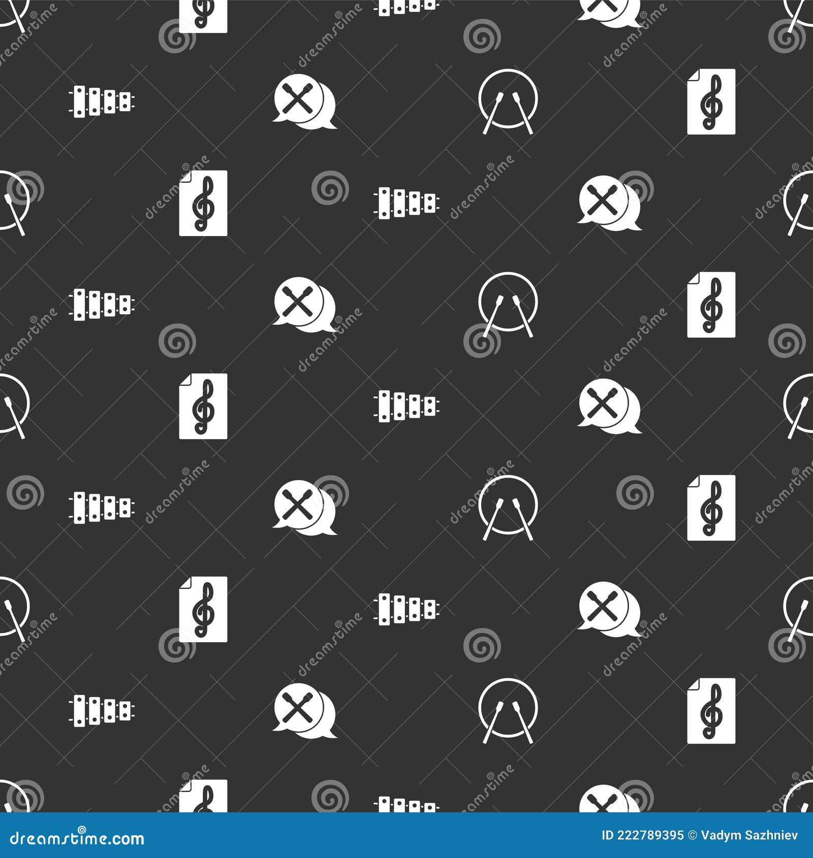 Set Drum and Drum Sticks, Treble Clef, Xylophone and on Seamless ...