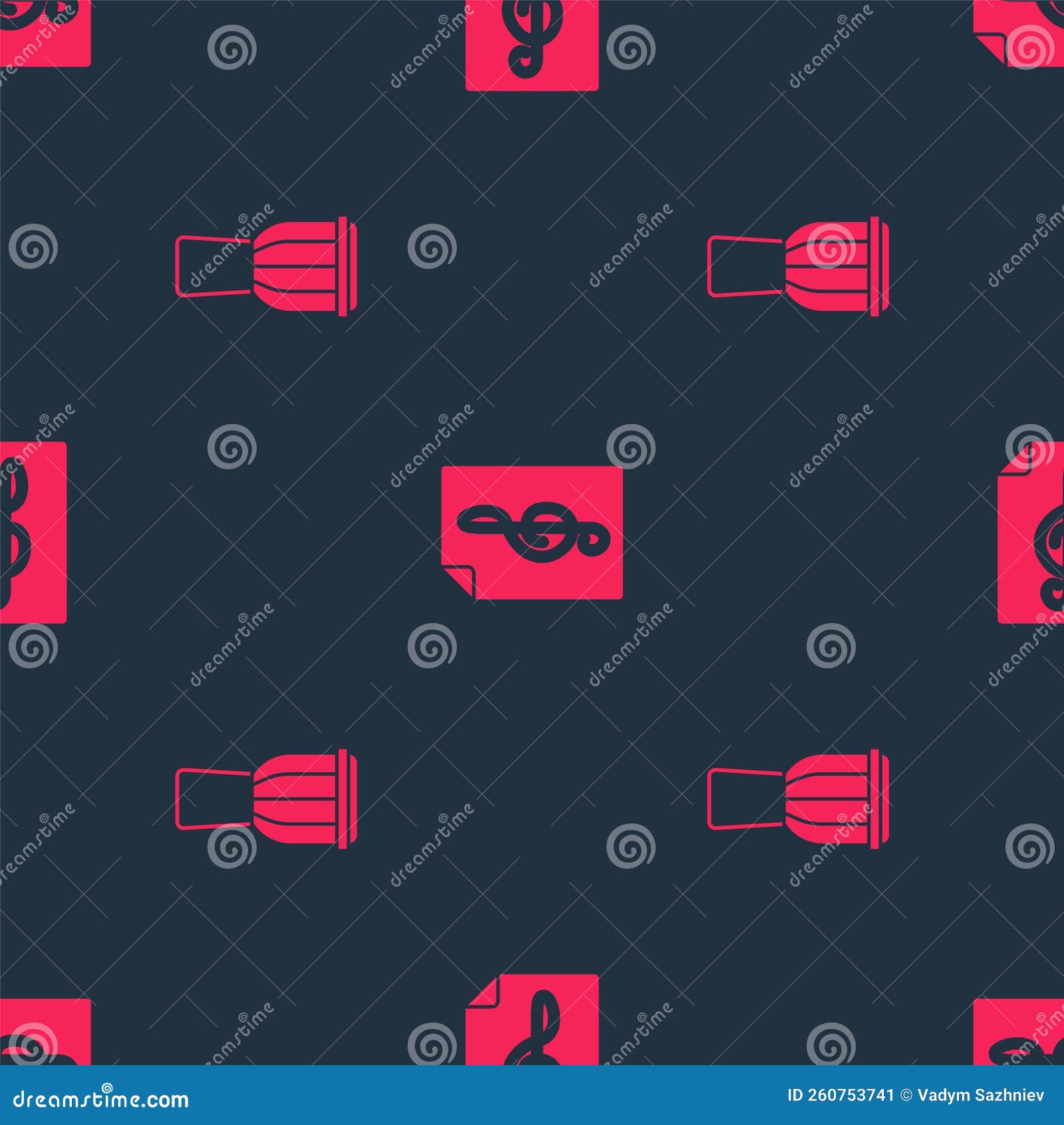 Set Drum and Treble Clef on Seamless Pattern. Vector Stock Illustration ...