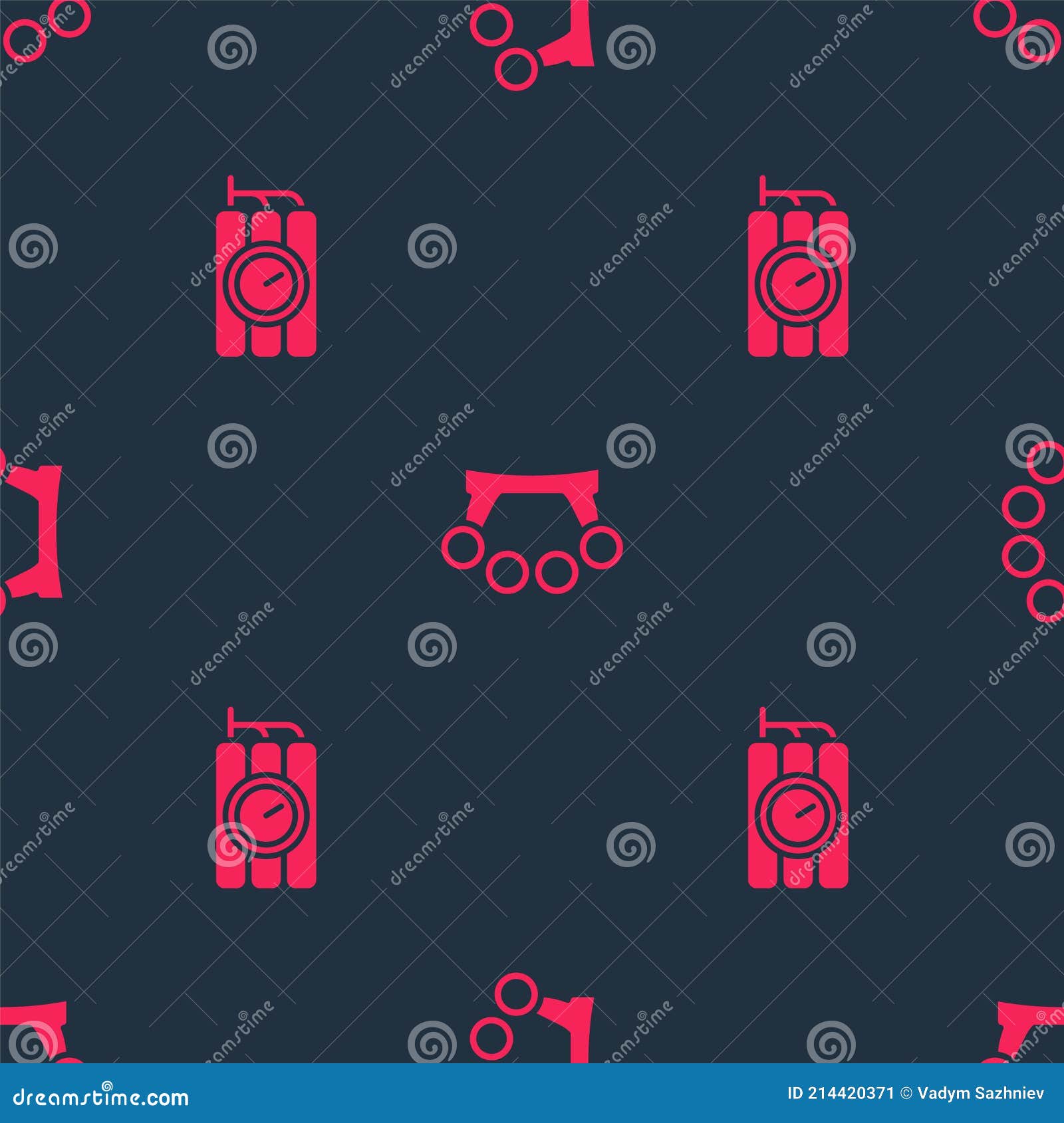 Set Dynamite and Timer Clock and Brass Knuckles on Seamless Pattern ...