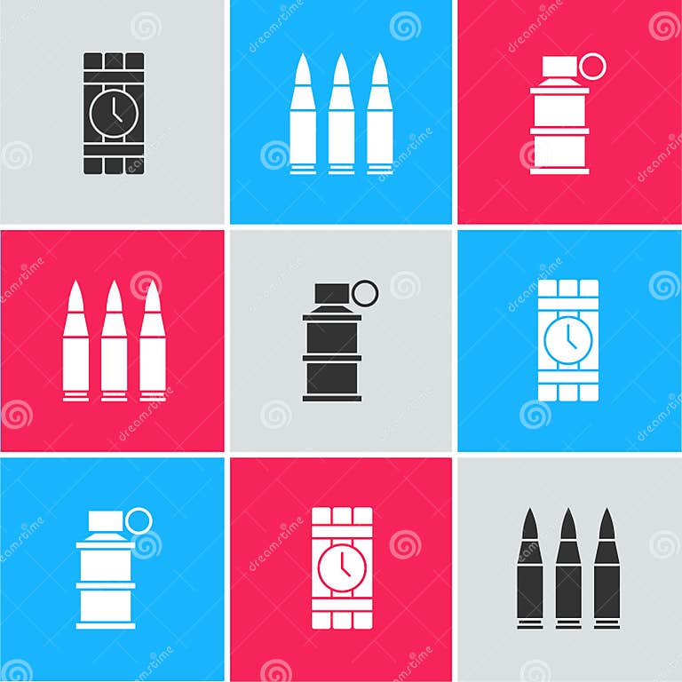 Set Dynamite and Timer Clock, Bullet and Hand Smoke Grenade Icon ...