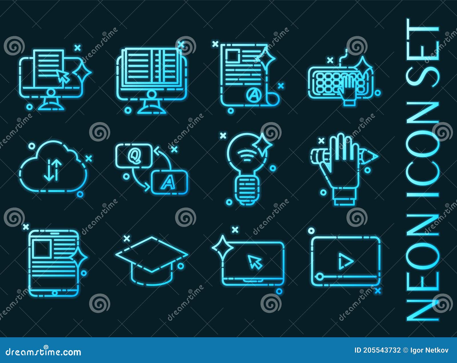 Set of E-education Blue Glowing Neon Icons. Stock Vector - Illustration ...