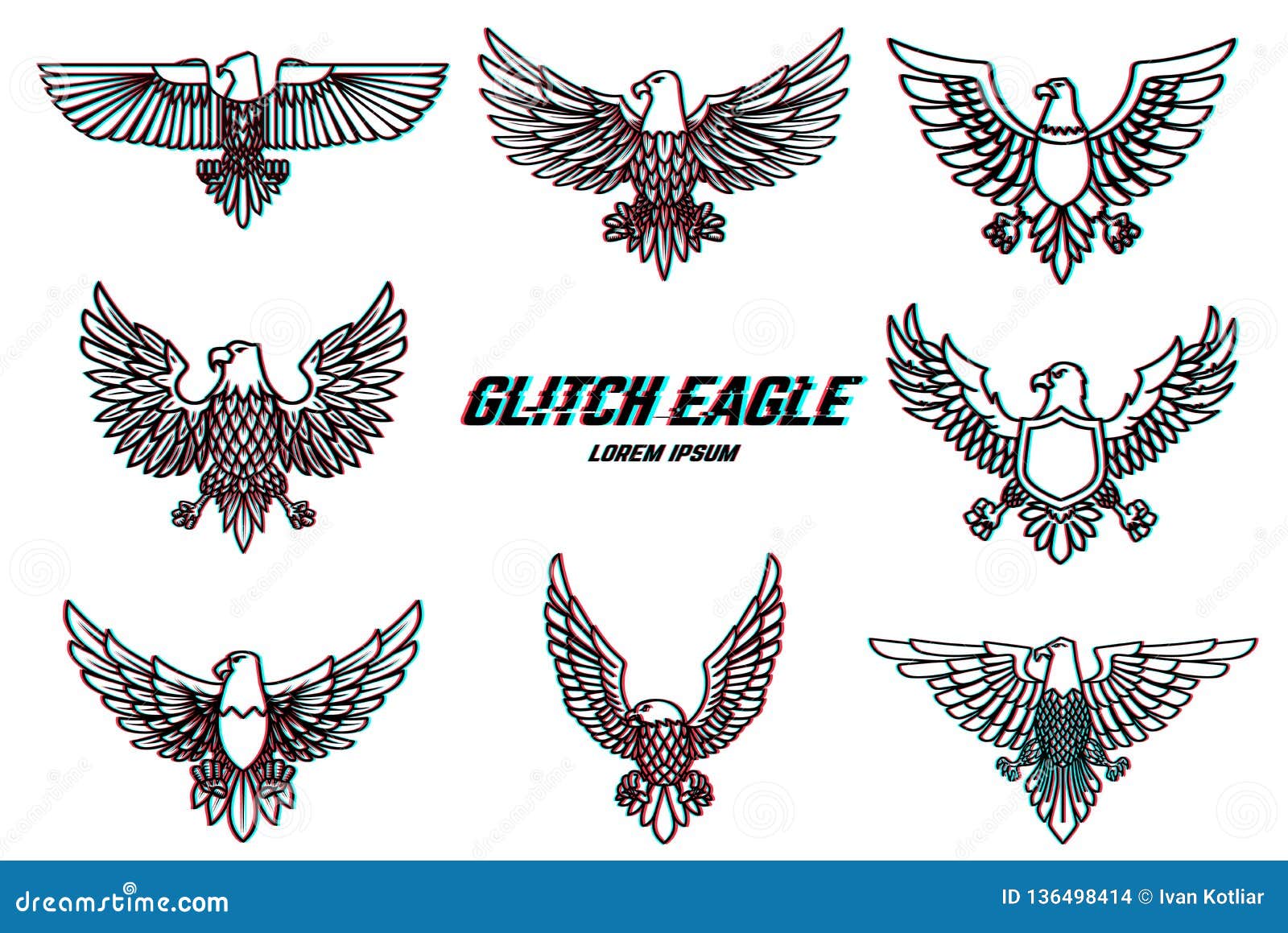 Set of Eagle Illustration in Line Style with Glitch Effect. Design ...