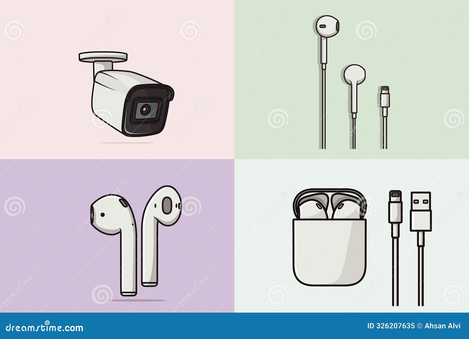 Set of Ear Pots, Cable and Handfree Vector Illustration. White ...