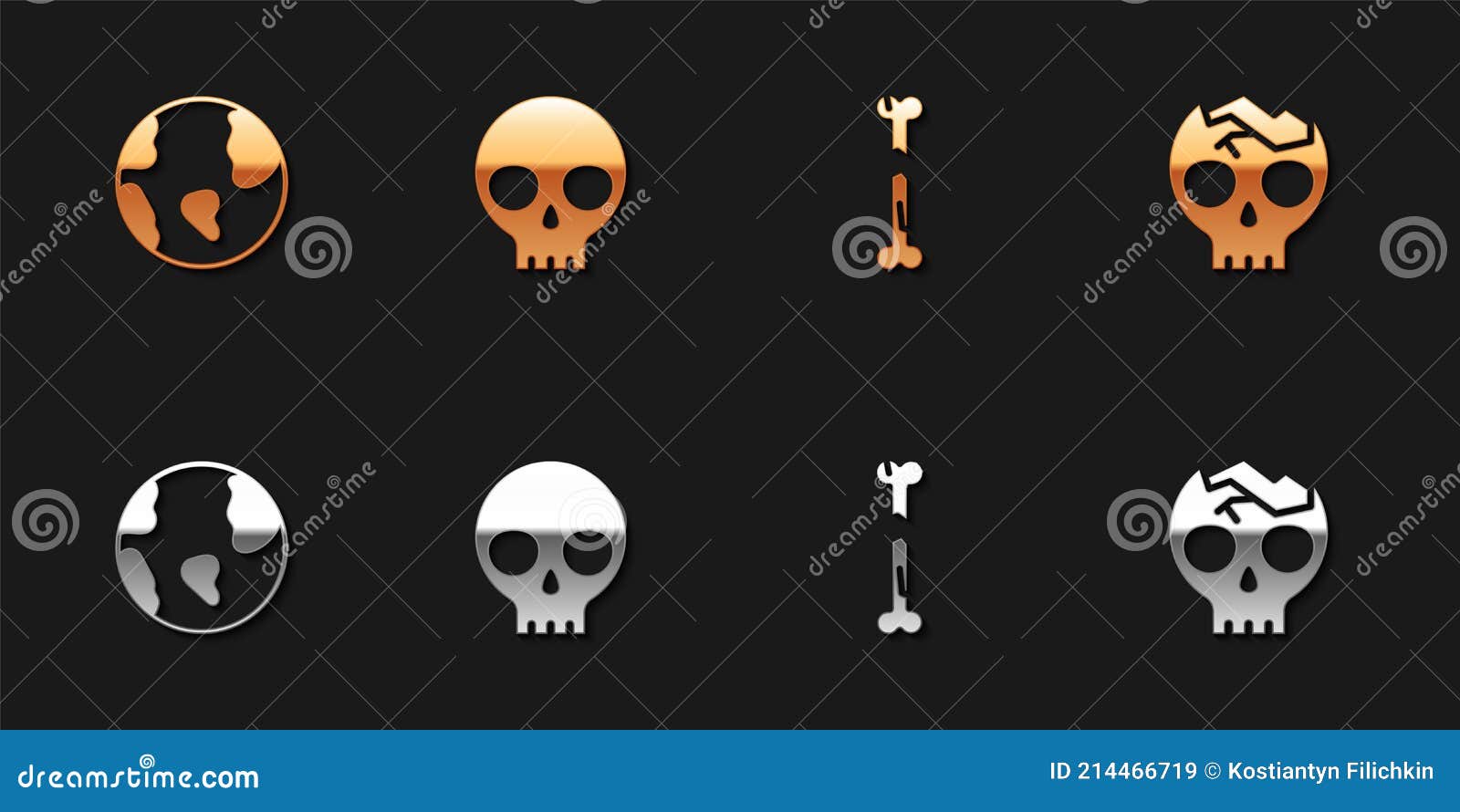 Set Earth Globe, Human Skull, Broken Bone and Broken Human Icon. Vector ...