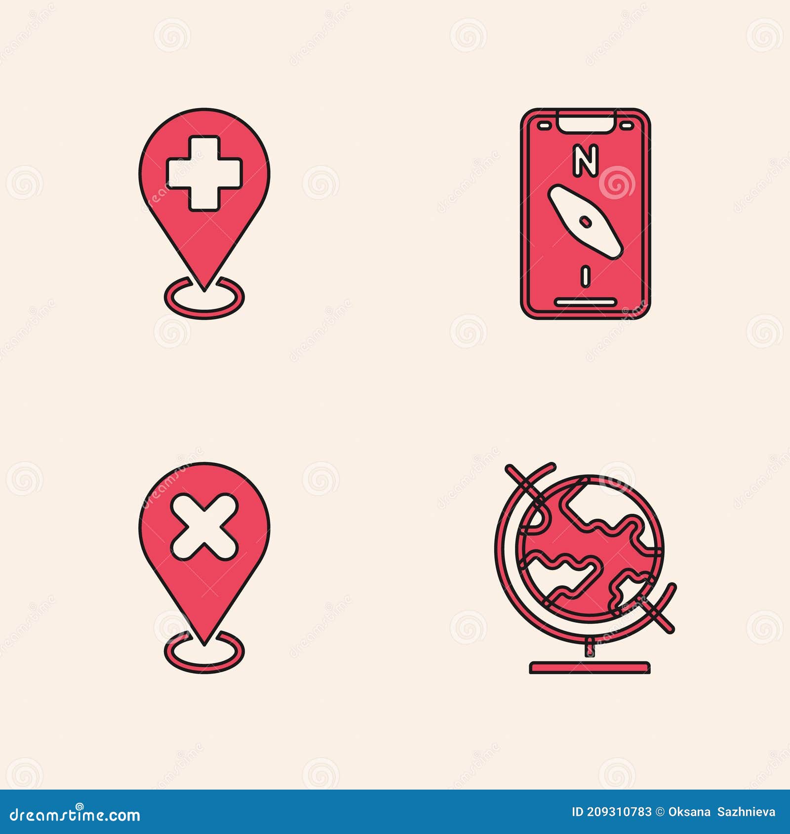 Set Earth Globe, Medical Location with Cross, Compass Mobile and ...