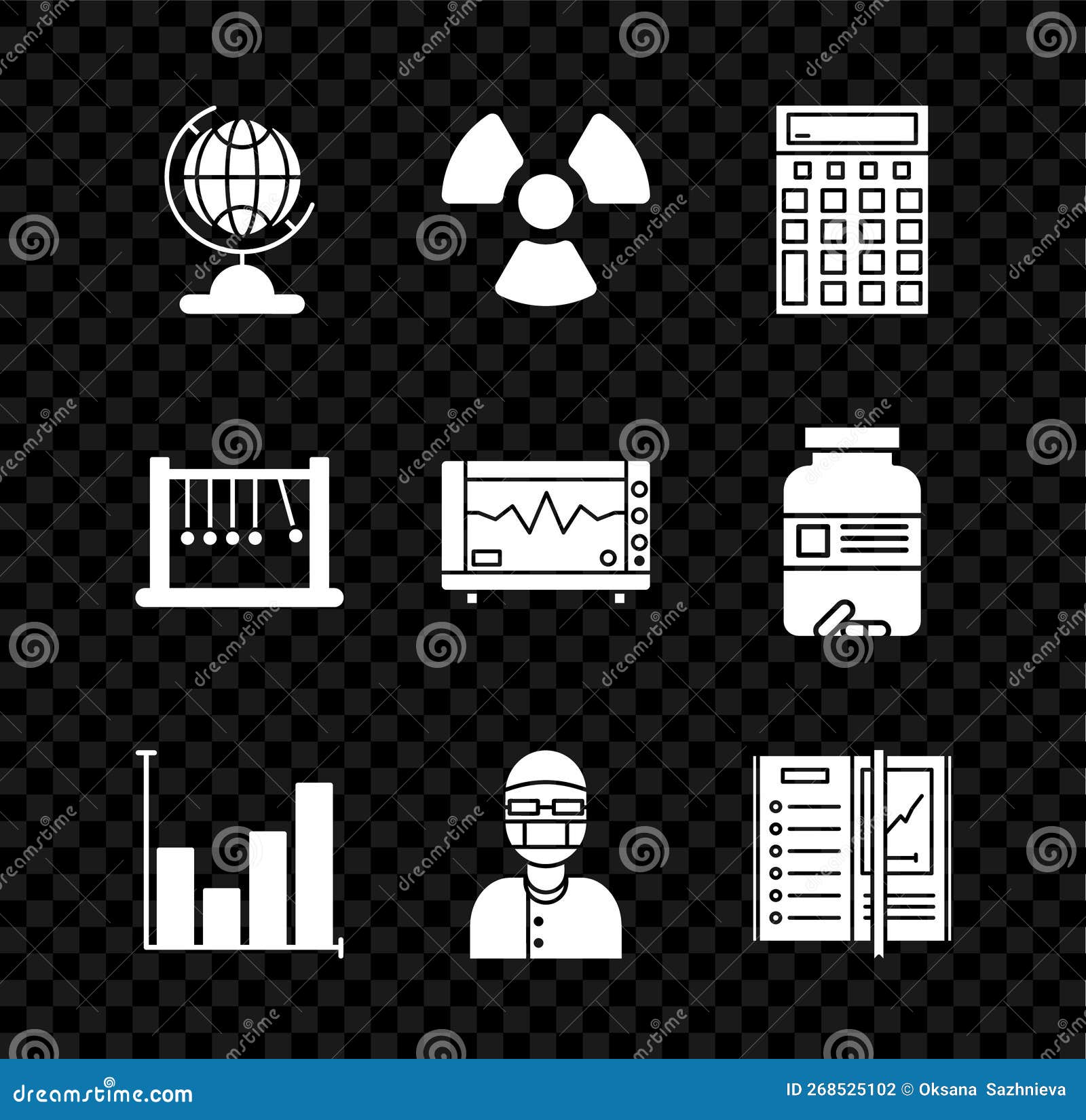 Set Earth Globe, Radioactive, Calculator, Pie Chart Infographic ... Set Earth Globe, Radioactive, Calculator, Pie Chart Infographic ...