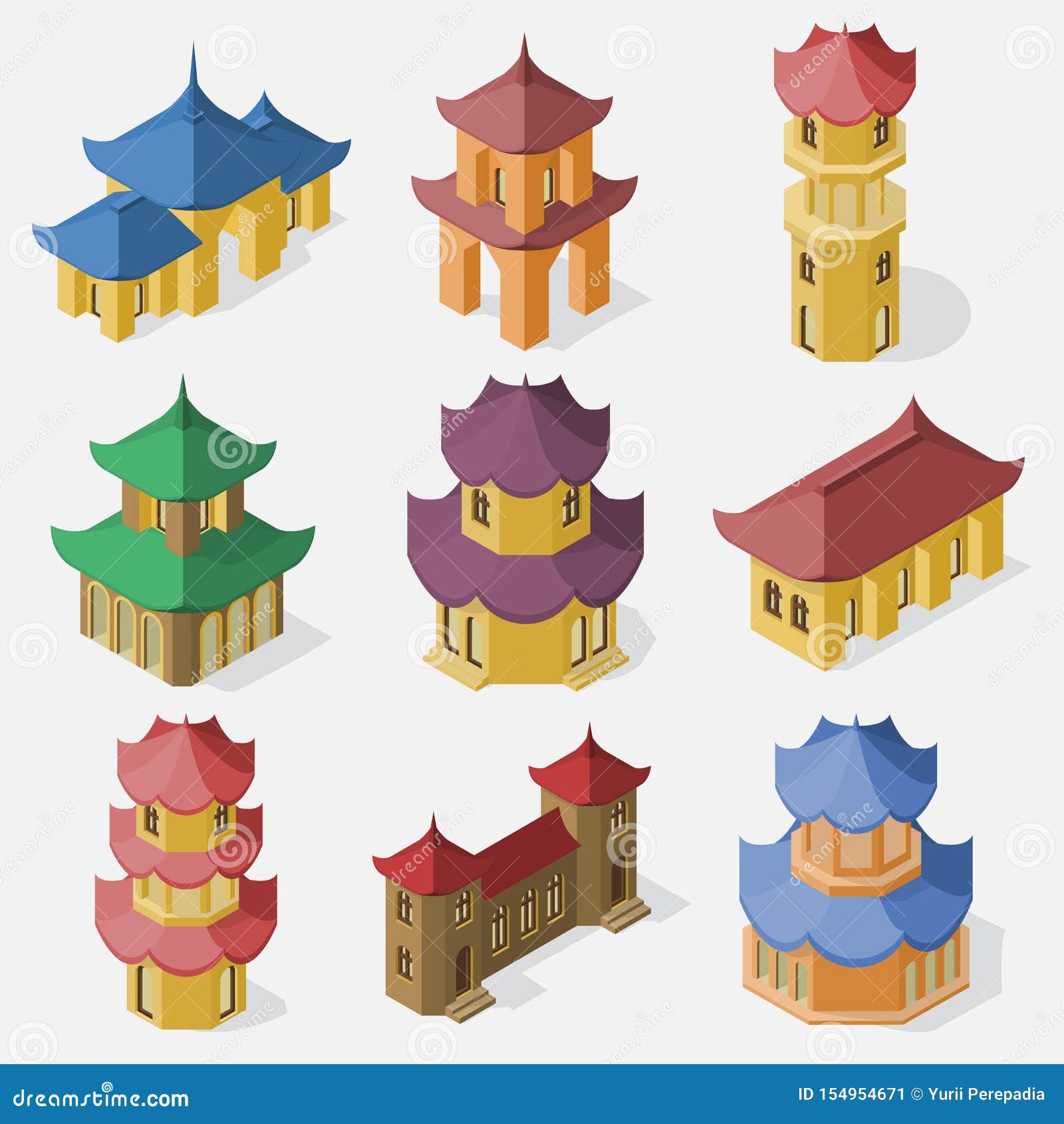Set of East Asian Buildings in Isometric View Stock Vector ...