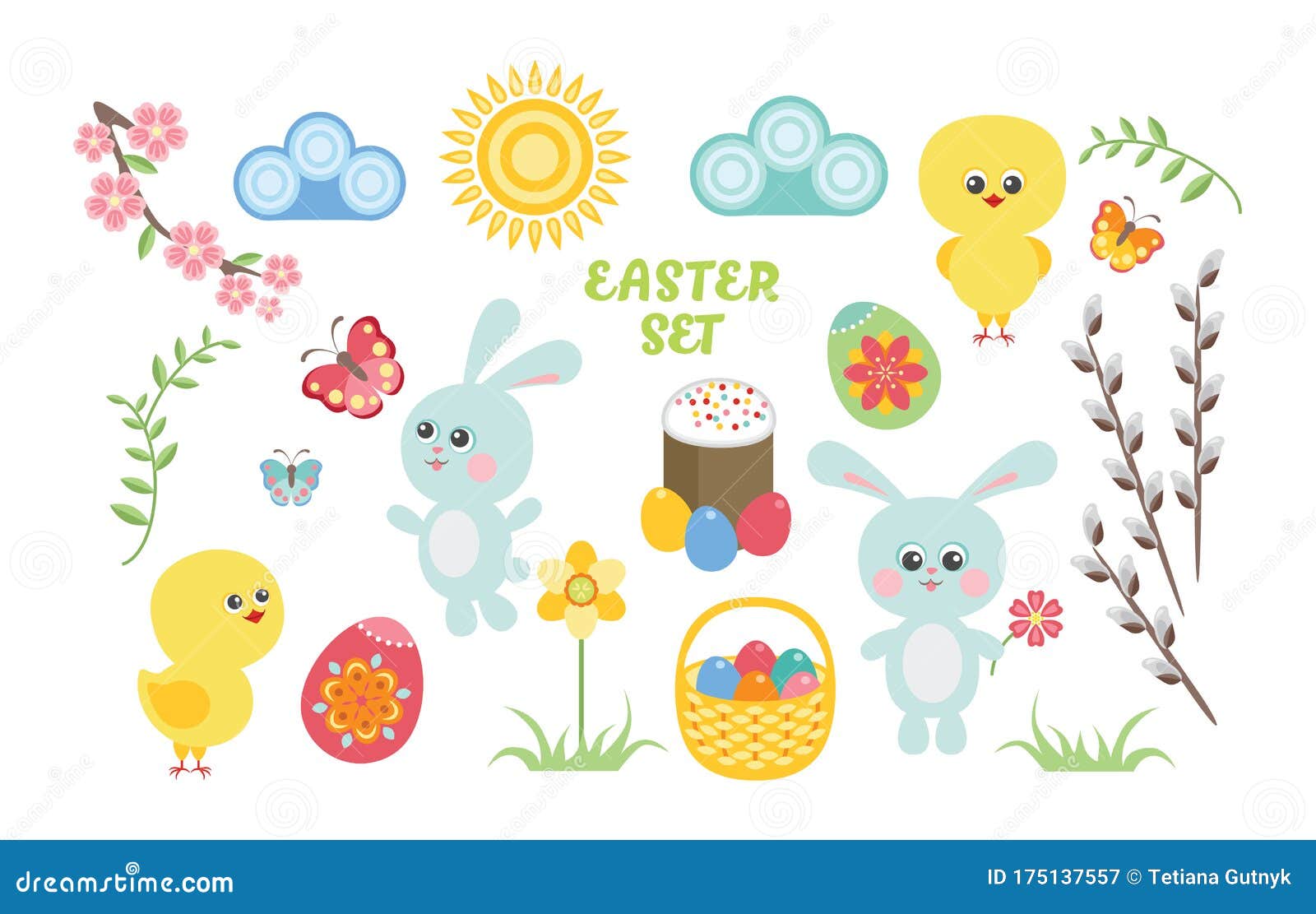 Set of Easter Cute Cartoon Characters and Design Elements. Easter Bunny ...