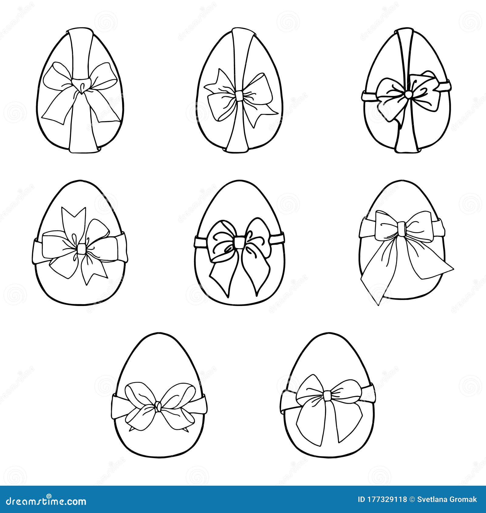 Set Of Easter Eggs With A Bow.Outline Image By Hand.Coloring.Black And ...