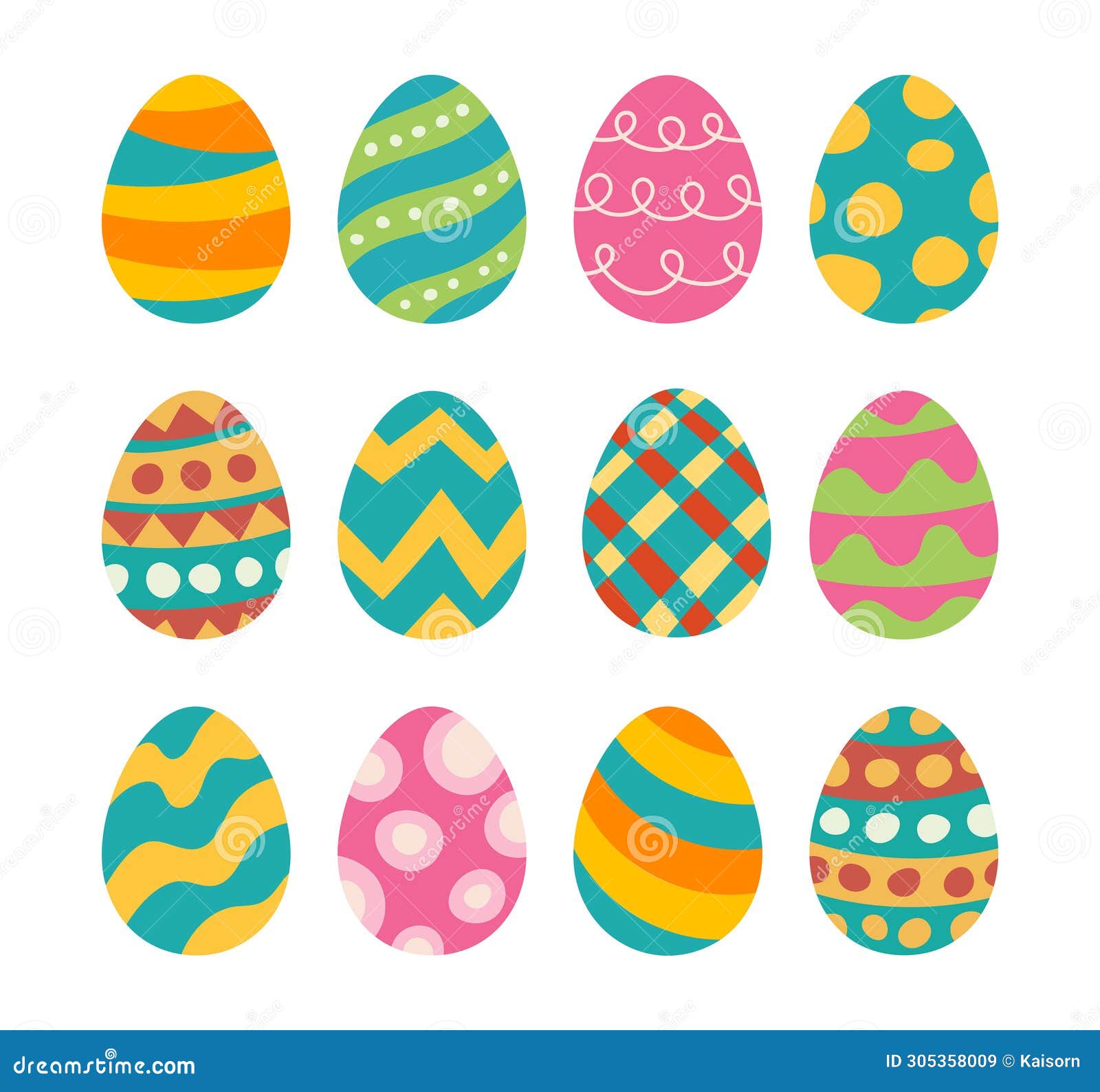 Set of Easter Eggs Flat Design on White Background. Happy Easter Decorative Elements Stock ...