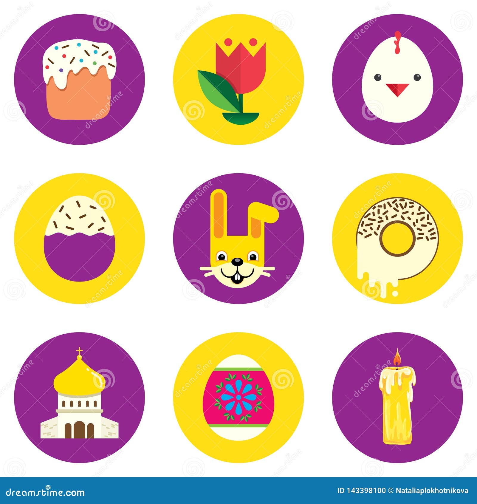 Set of Easter Icons. Round Shape, Colored in Flat Style with Easter ...
