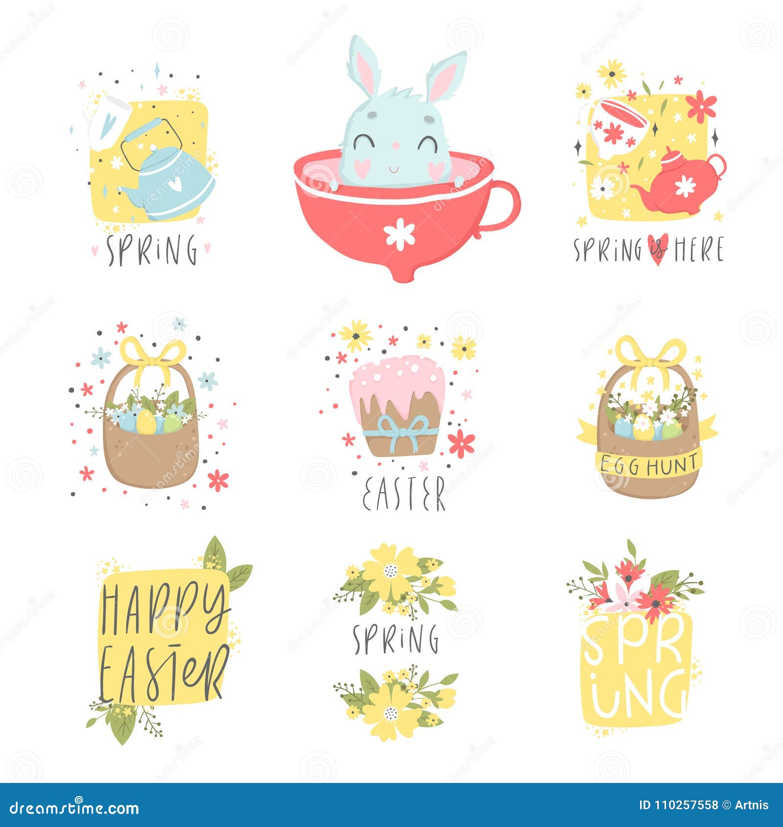 Set of Easter and Spring Logo with Cute Illustrations and Lettering ...