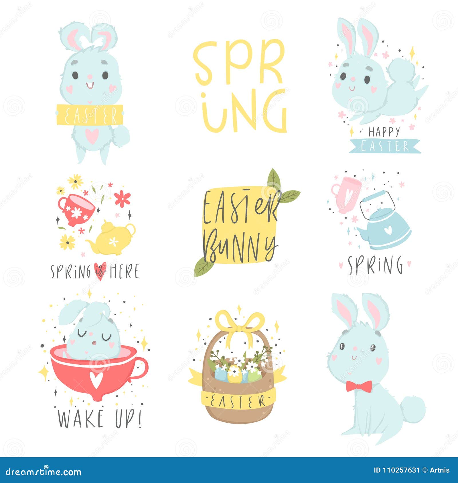 Set of Easter and Spring Logo with Cute Illustrations and Lettering ...