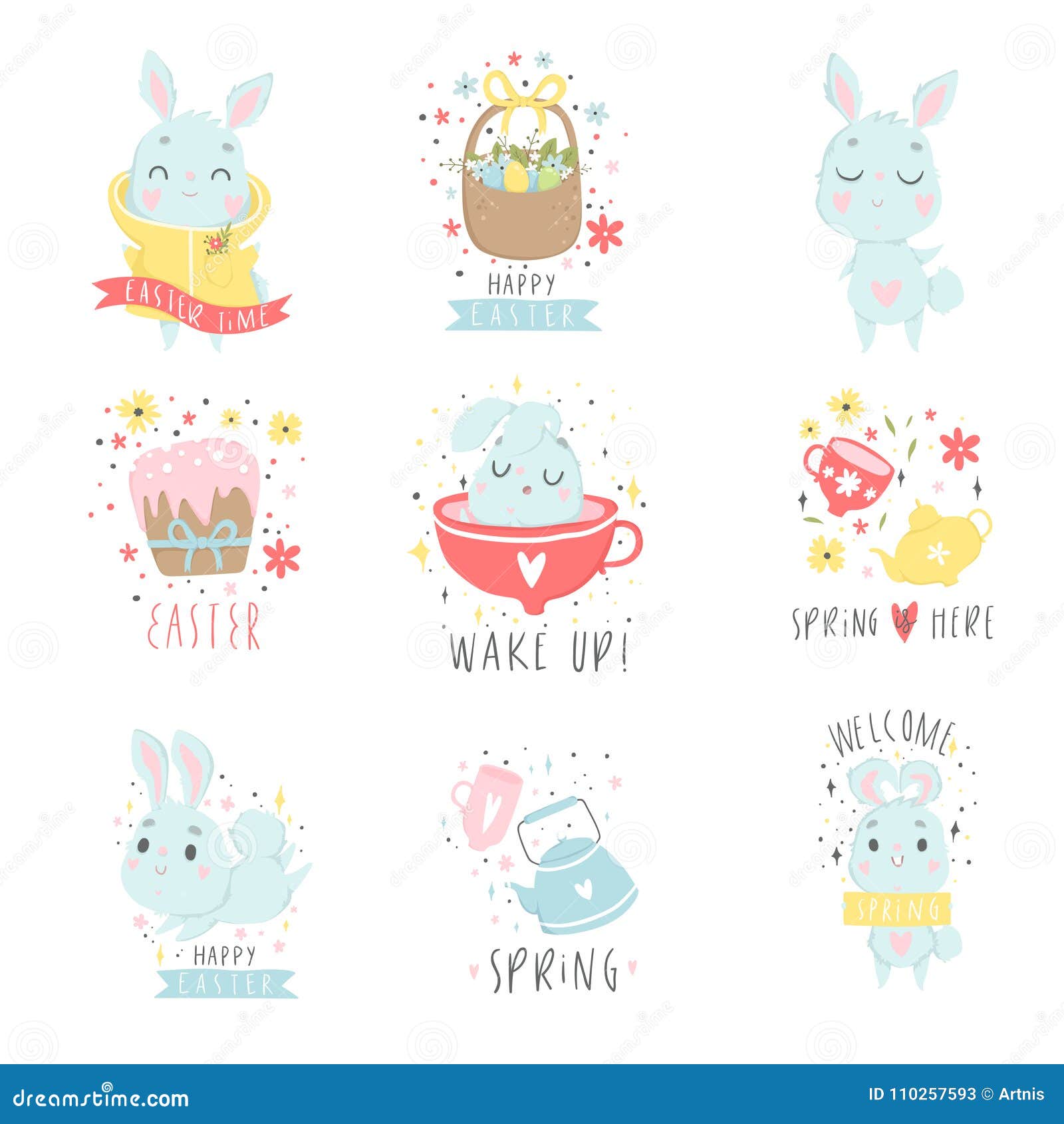 Set of Easter and Spring Logo with Cute Illustrations and Lettering ...