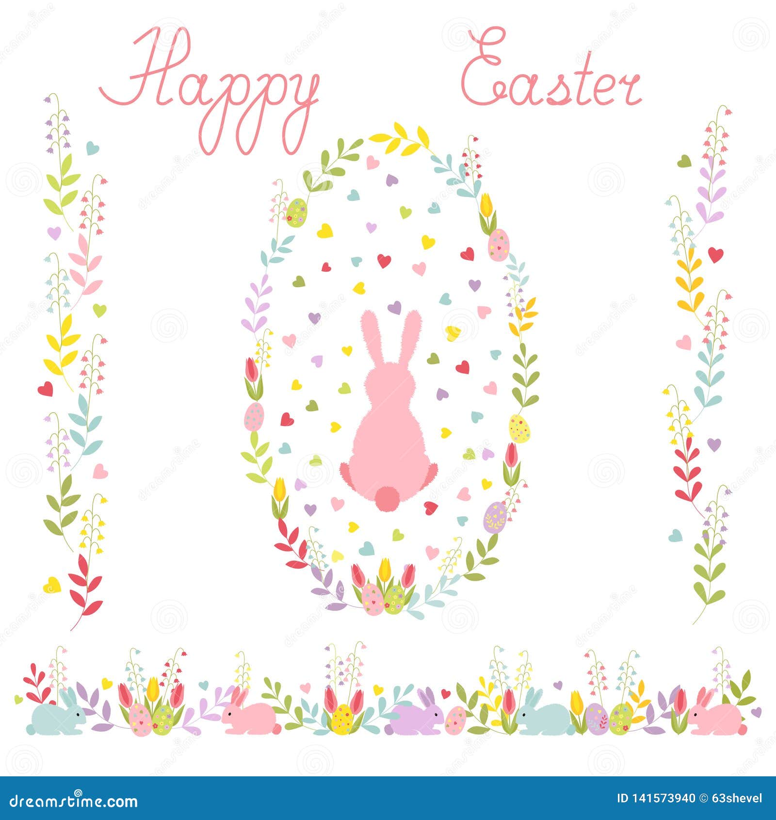 Set of Easter Wreath with a Cartoon Rabbit ,horizontal Border of Tulips ...